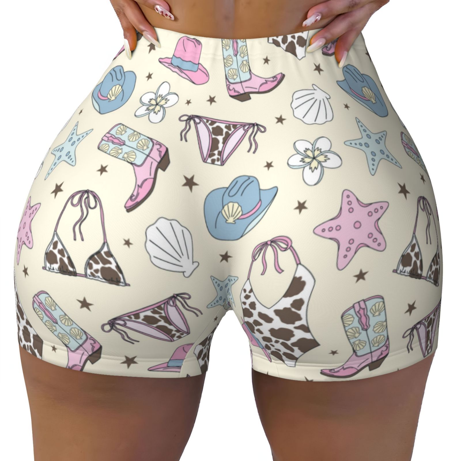Seamless Workout Shorts Women - Cowgirl hat boots swimsuit print Biker ...