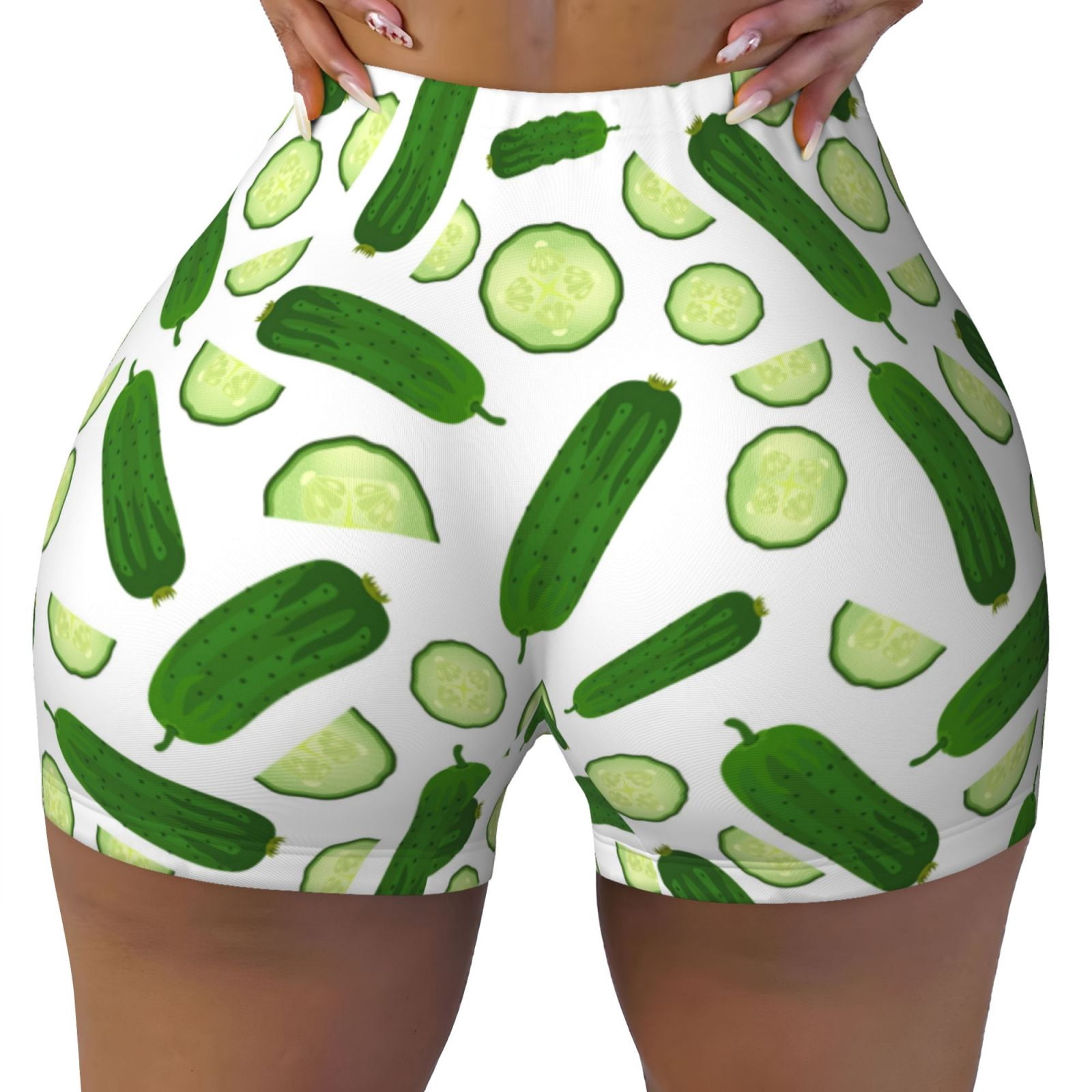 Seamless Workout Shorts Women - Cucumber slices print Biker Gym Running ...
