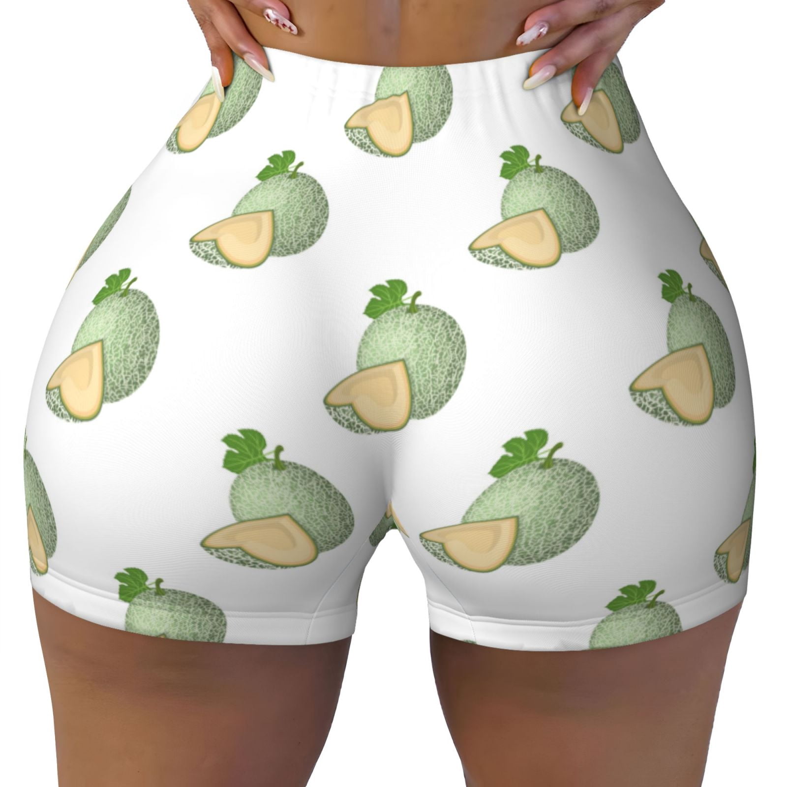 Seamless Workout Shorts Women - Cute Cantaloupe Green Leaves Biker ...