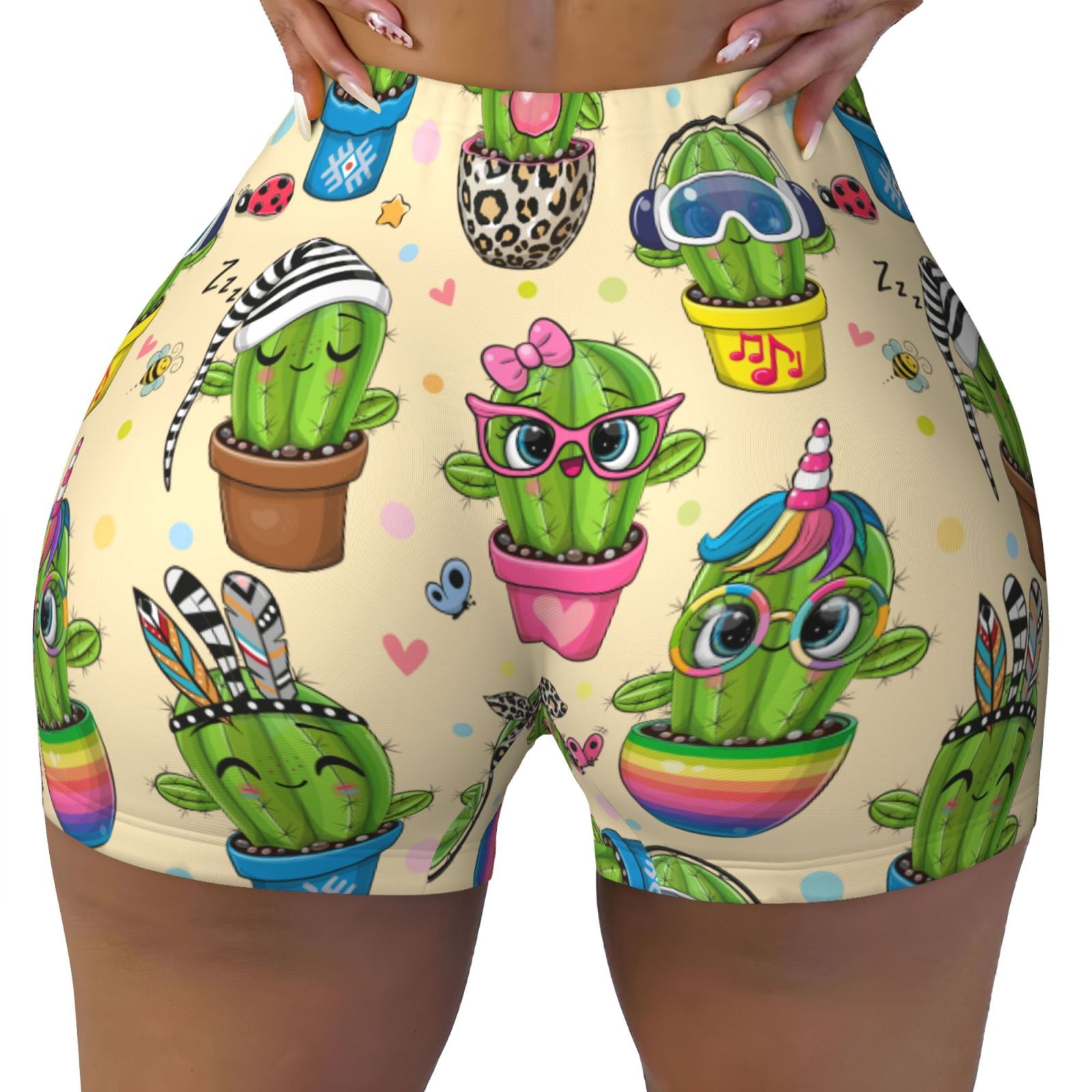 Seamless Workout Shorts Women - Cute Cartoon Cactus Biker Running Gym ...
