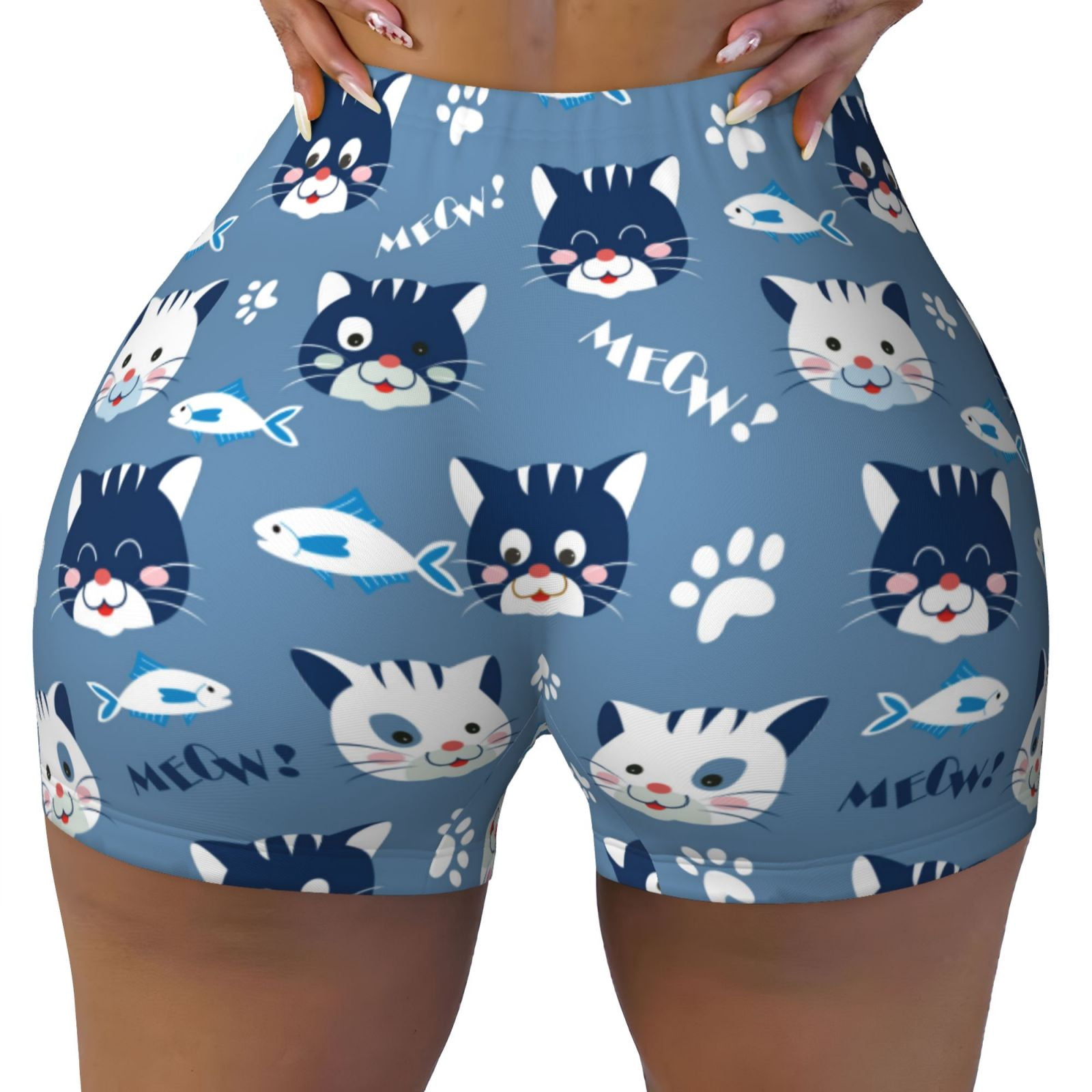 Seamless Workout Shorts Women - Funny Cute Cat Face Fish Biker Gym ...