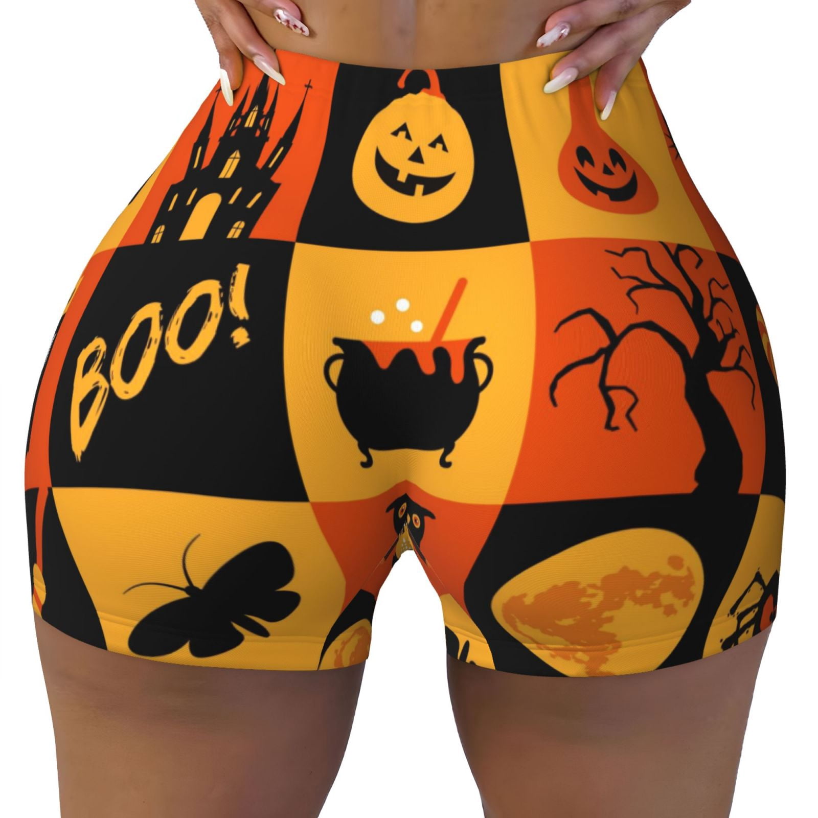 Seamless Workout Shorts Women - Halloween Banner Symbols Biker Gym ...