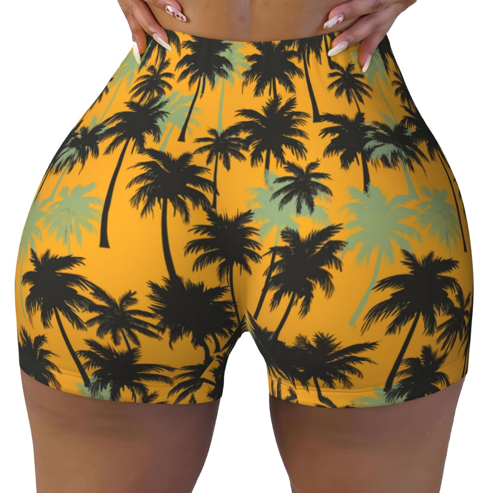Seamless Workout Shorts Women - Hawaiian Style Black Coconut Tree Biker ...
