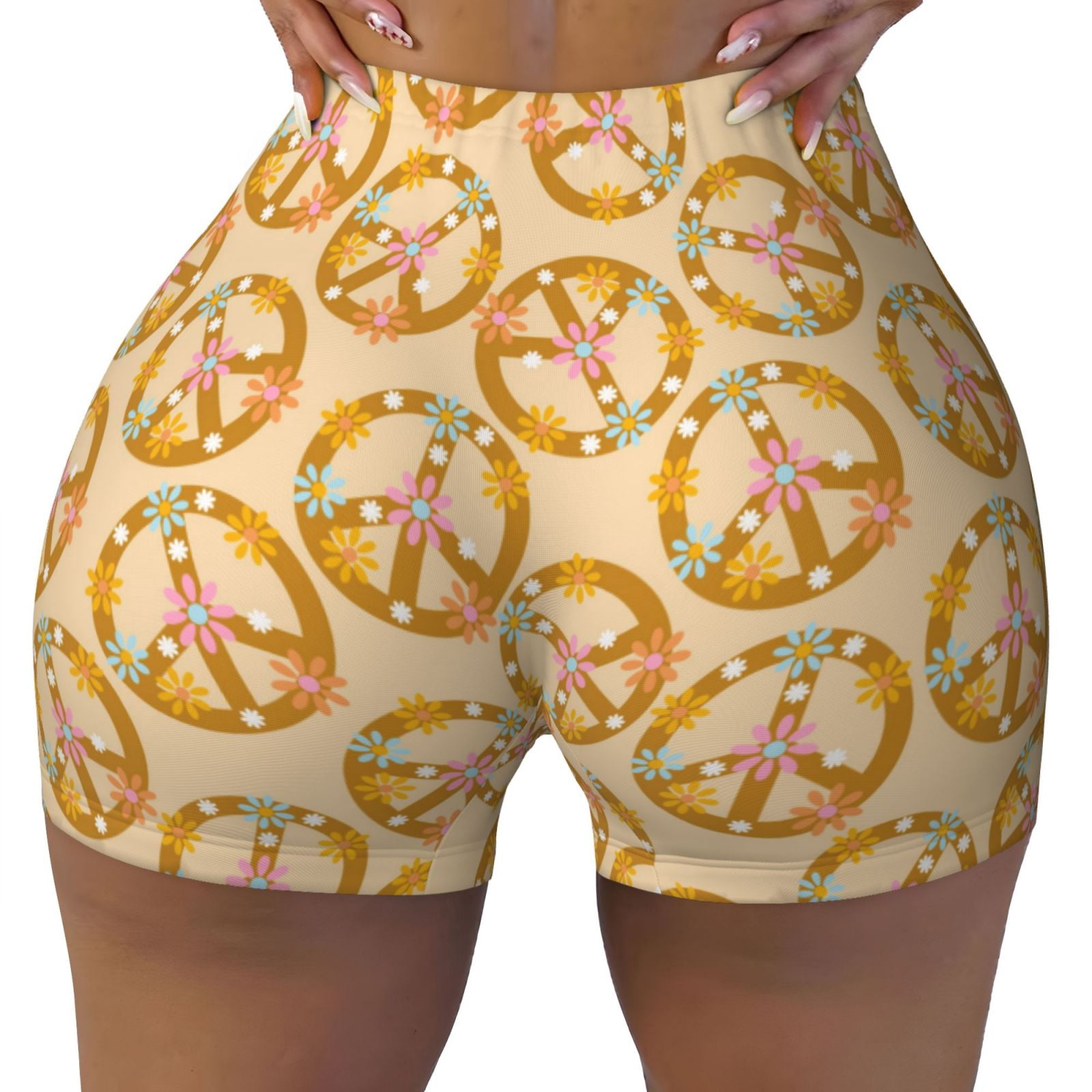 Seamless Workout Shorts Women - Peace Sign flower yellow Biker Gym ...