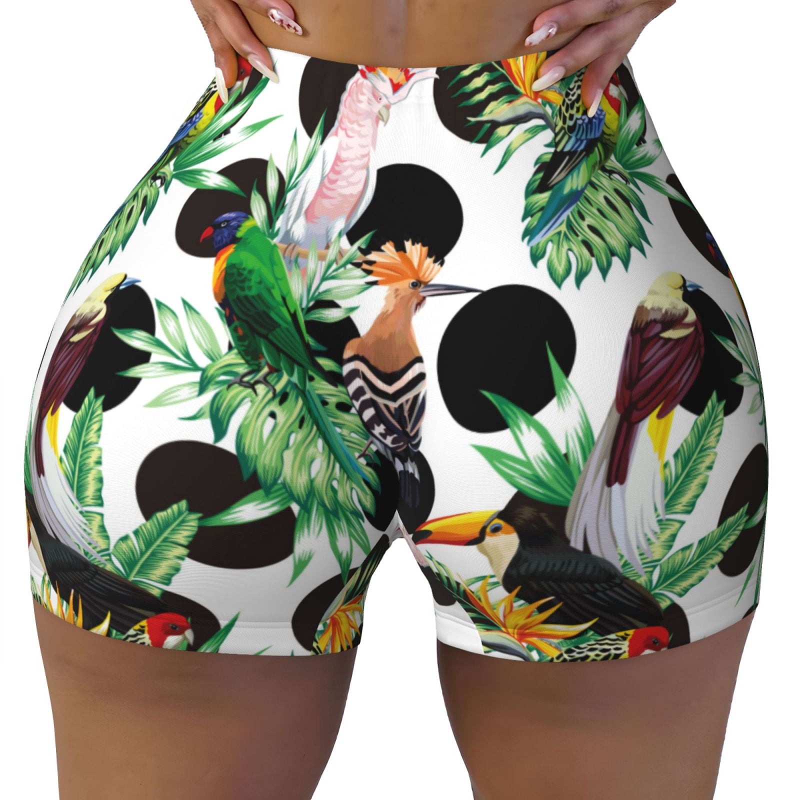 Seamless Workout Shorts Women - Polka Dot Parrot Toucan Leaf Biker ...