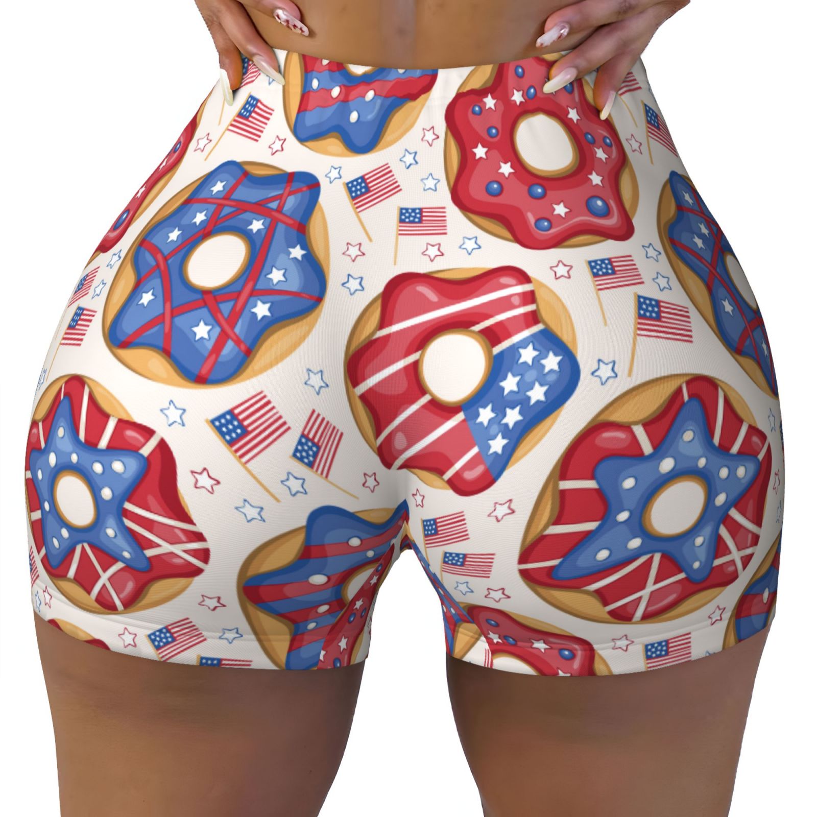Seamless Workout Shorts Women - Stars and Stripes Donut Print Biker ...