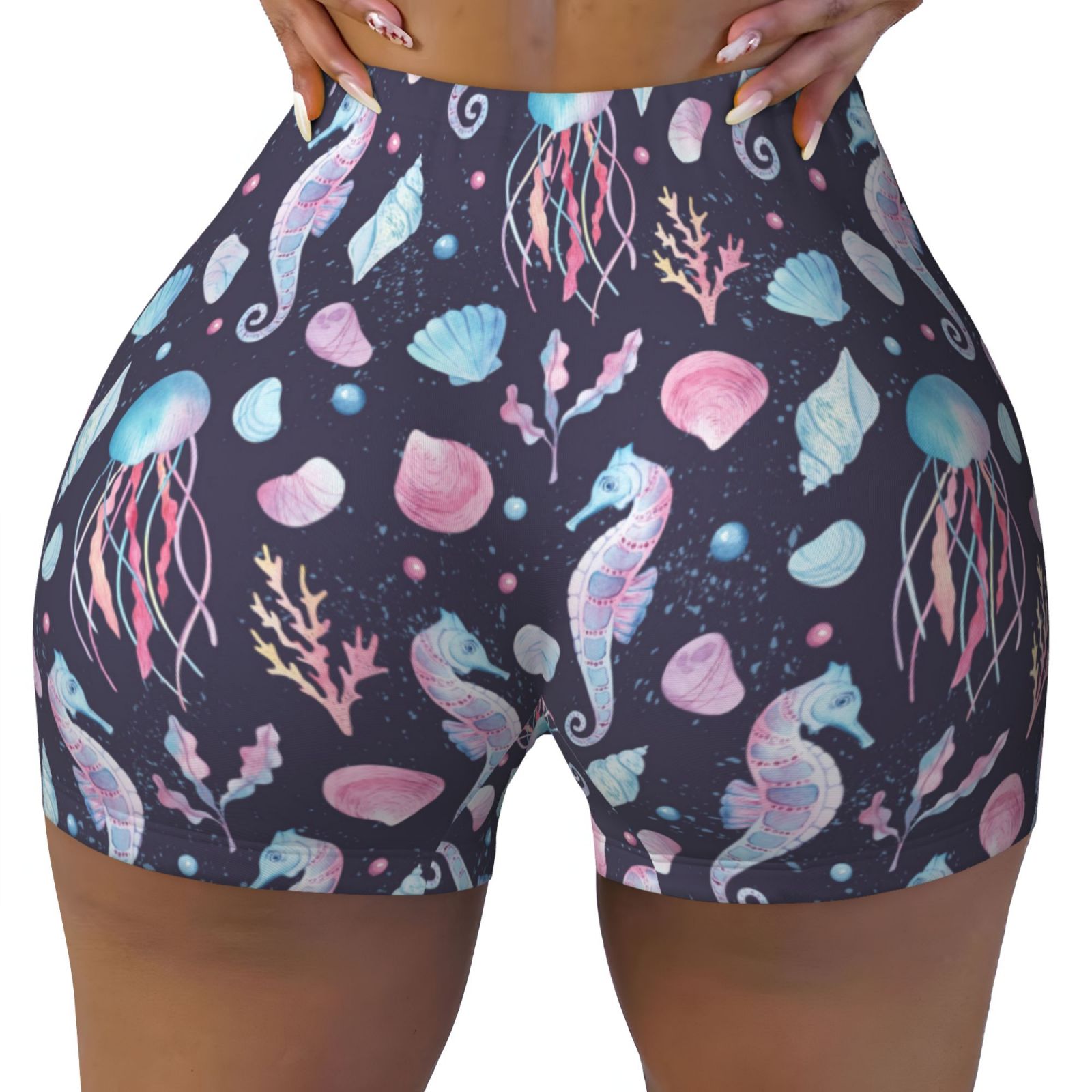 Seamless Workout Shorts Women - Watercolor Marine Animals Biker Running ...