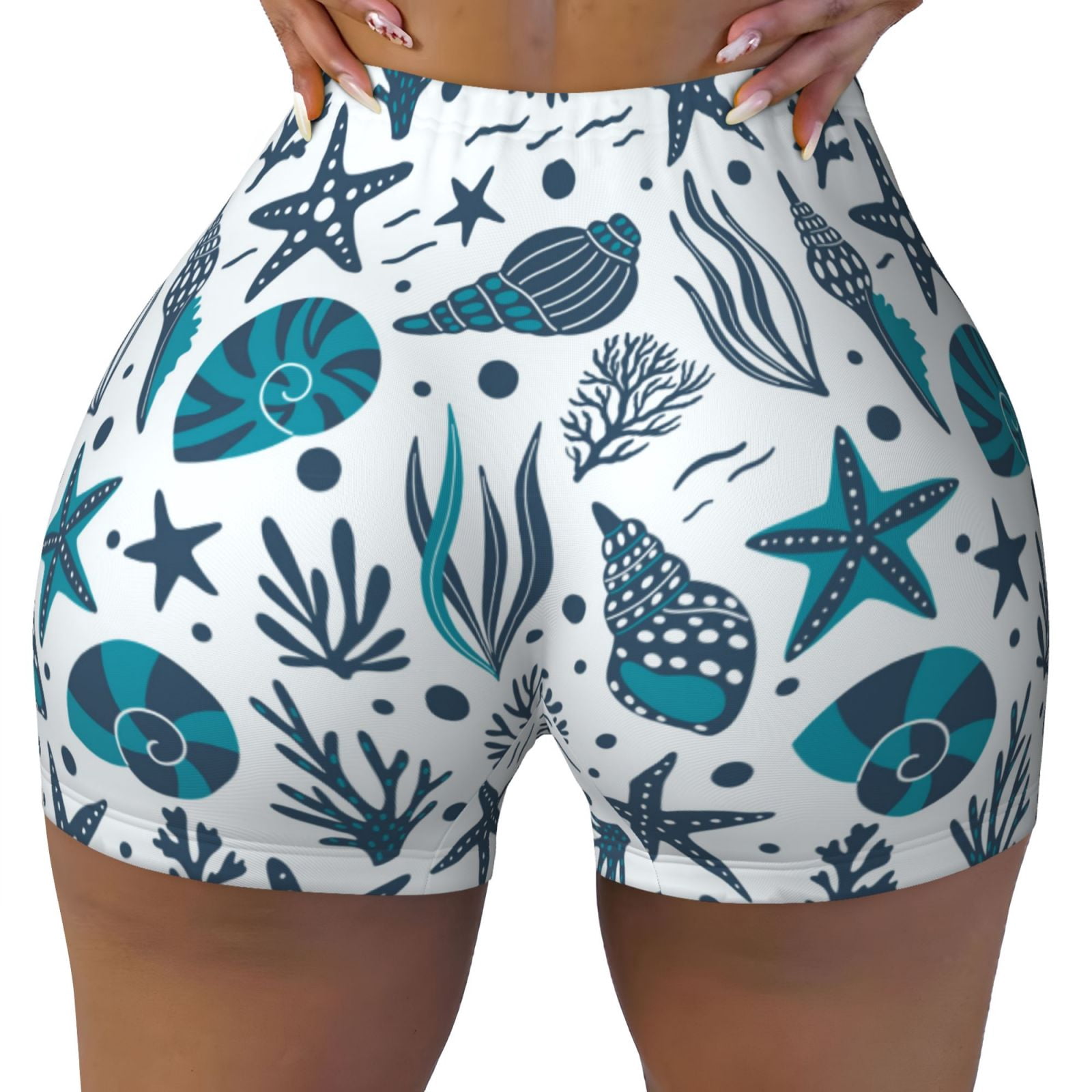 Seamless Workout Shorts Women - seashells starfish corals seaweeds ...