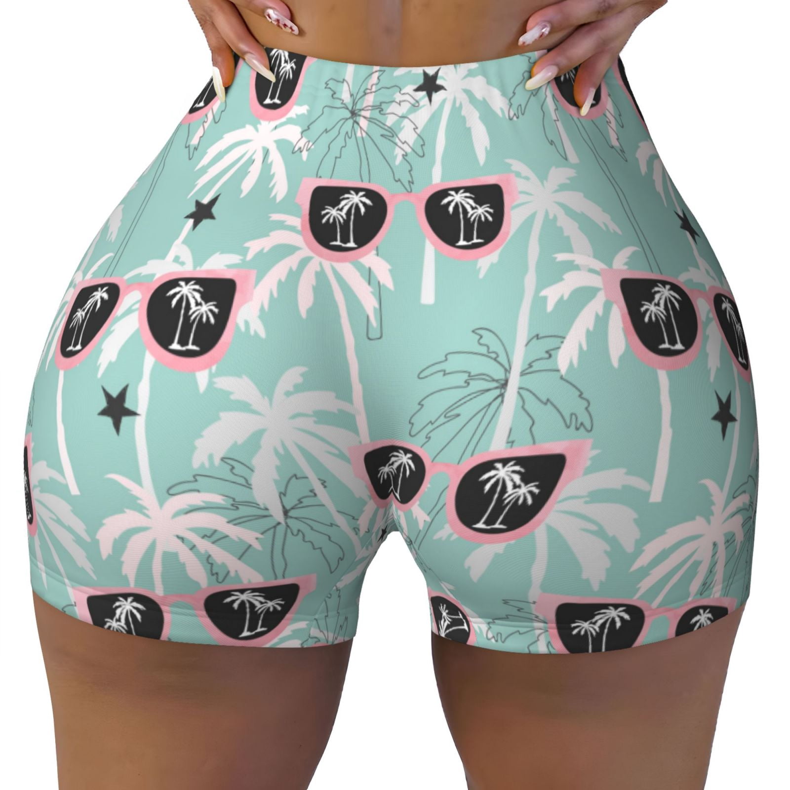 Seamless Workout Shorts Women - tropical palm trees sunglasses Biker ...