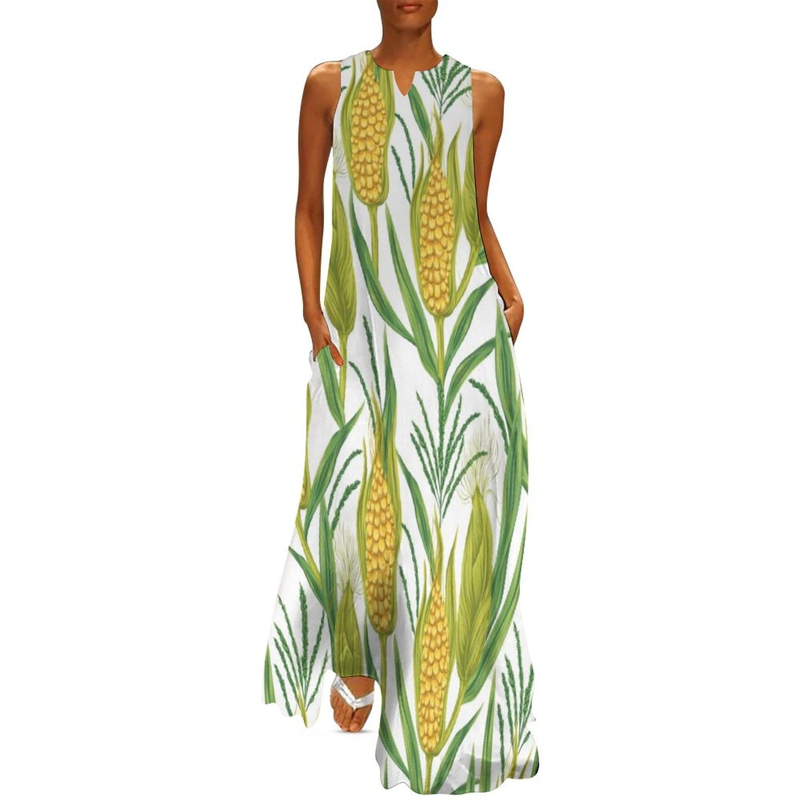 Seamless pattern with corn. Cobs blossom branch and leaf Long Dress ...