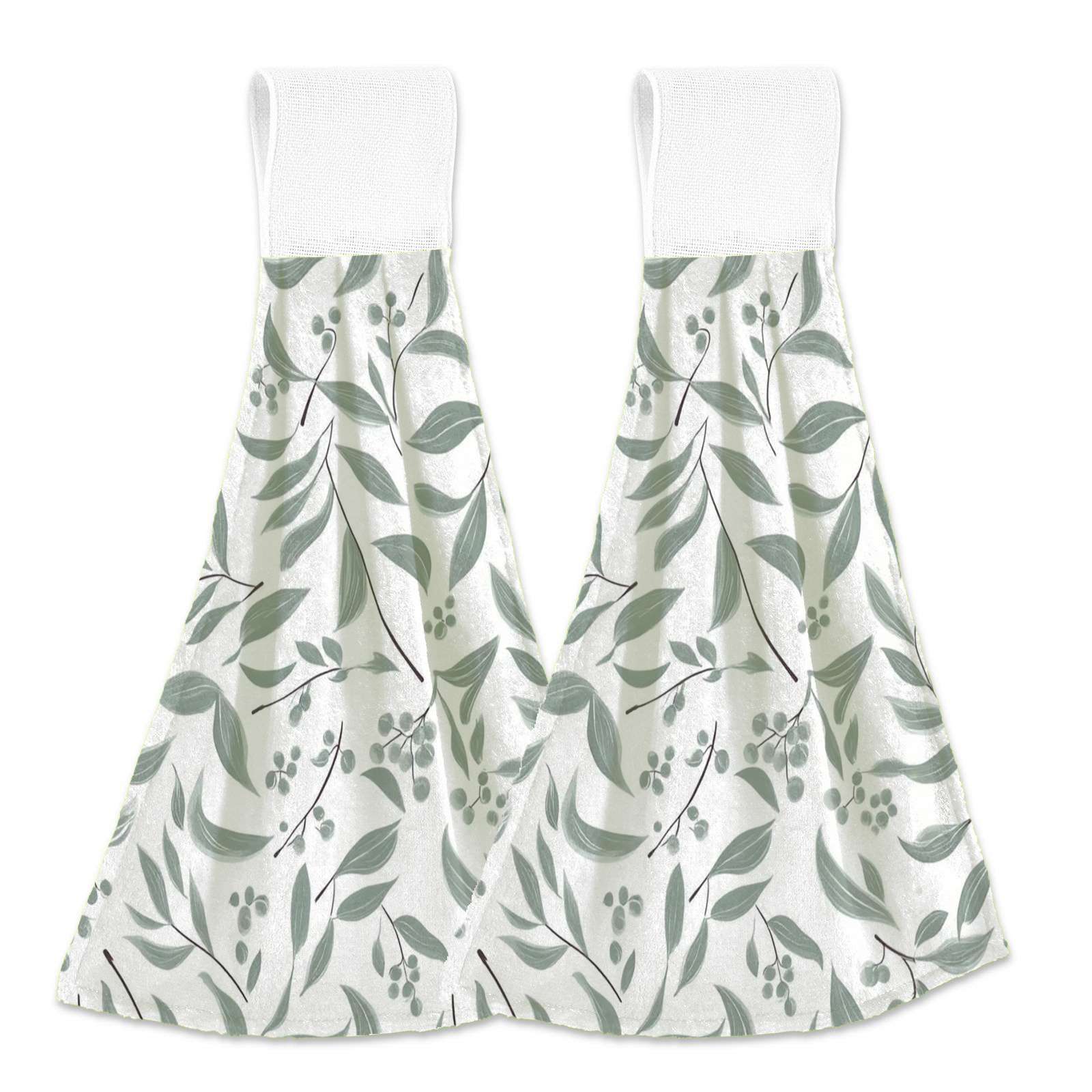 Seamless sage green leaf pattern Hanging Kitchen Hand Towels Sets with ...