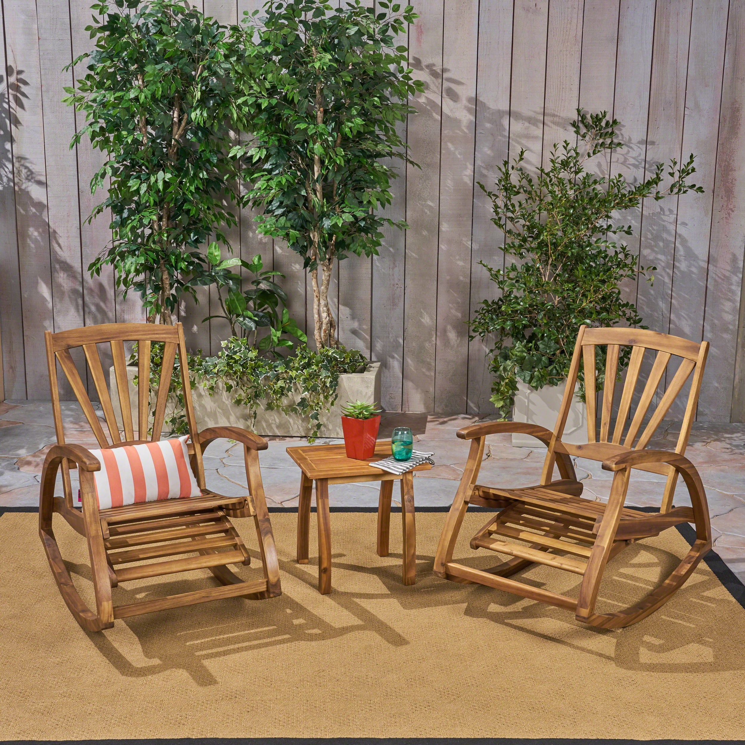 Seamus Outdoor Acacia Wood Rocker Recliners with Side Table, Teak ...