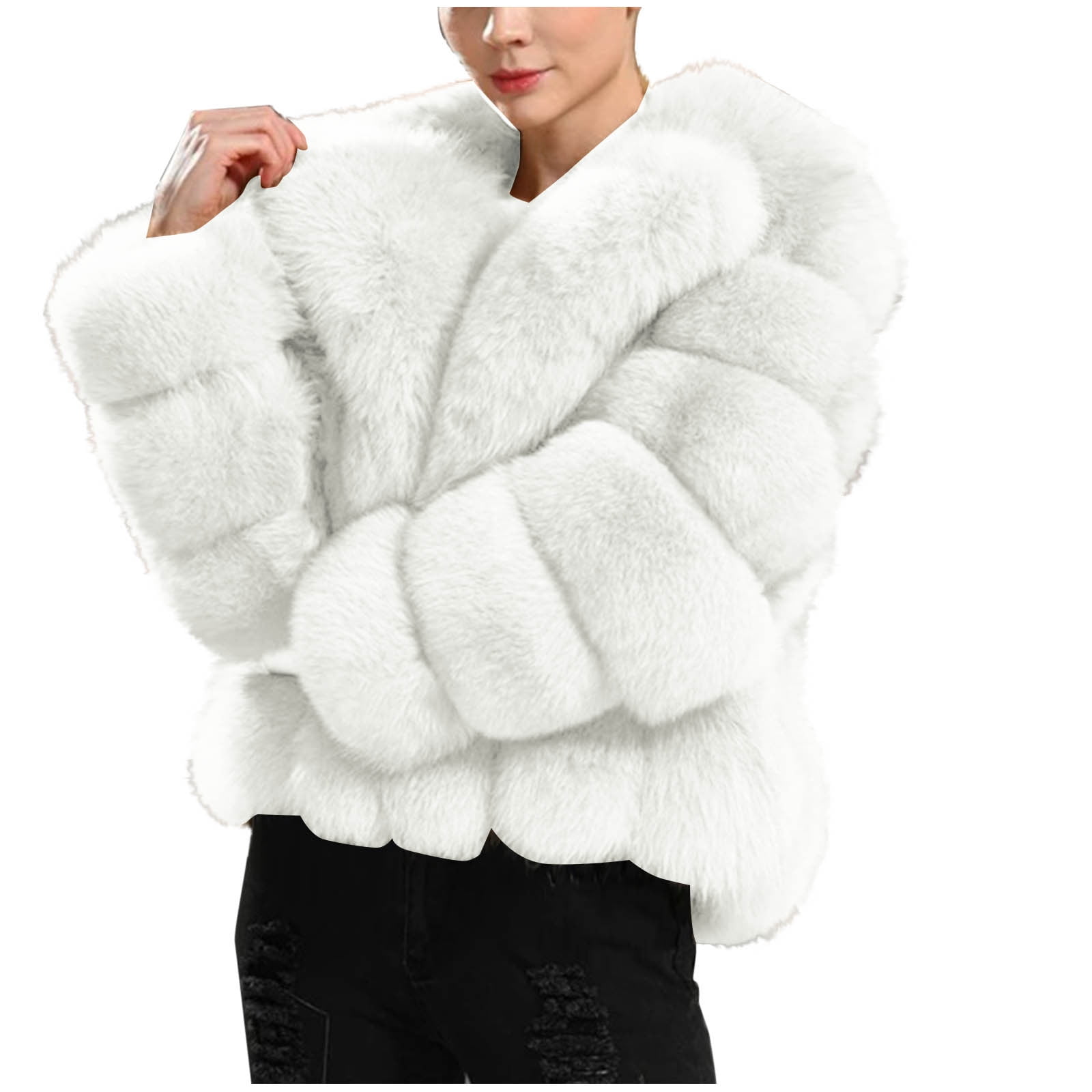 SEAOPEN Womens Cropped Faux Fur Jacket Shaggy Lapel Zip Up Winter Coats ...
