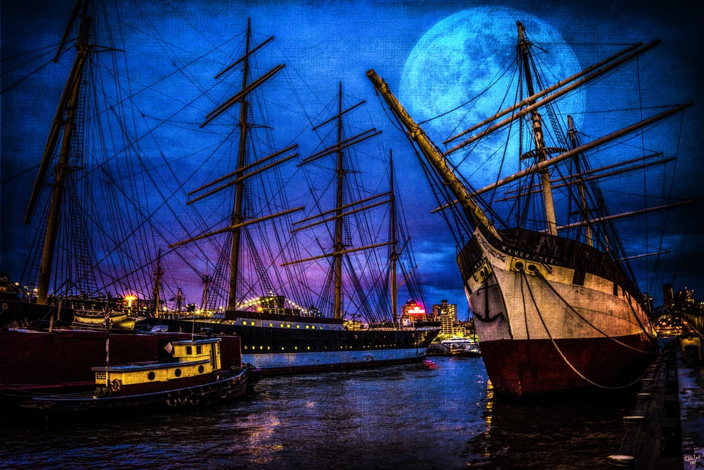 Seaport Boats After Dusk Full Moon Photo Poster by Chris Lord Nature ...