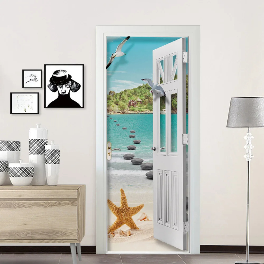 Seascape Beach Sea Door Sticker Wallpaper Custom Poster 3D Island Mural ...