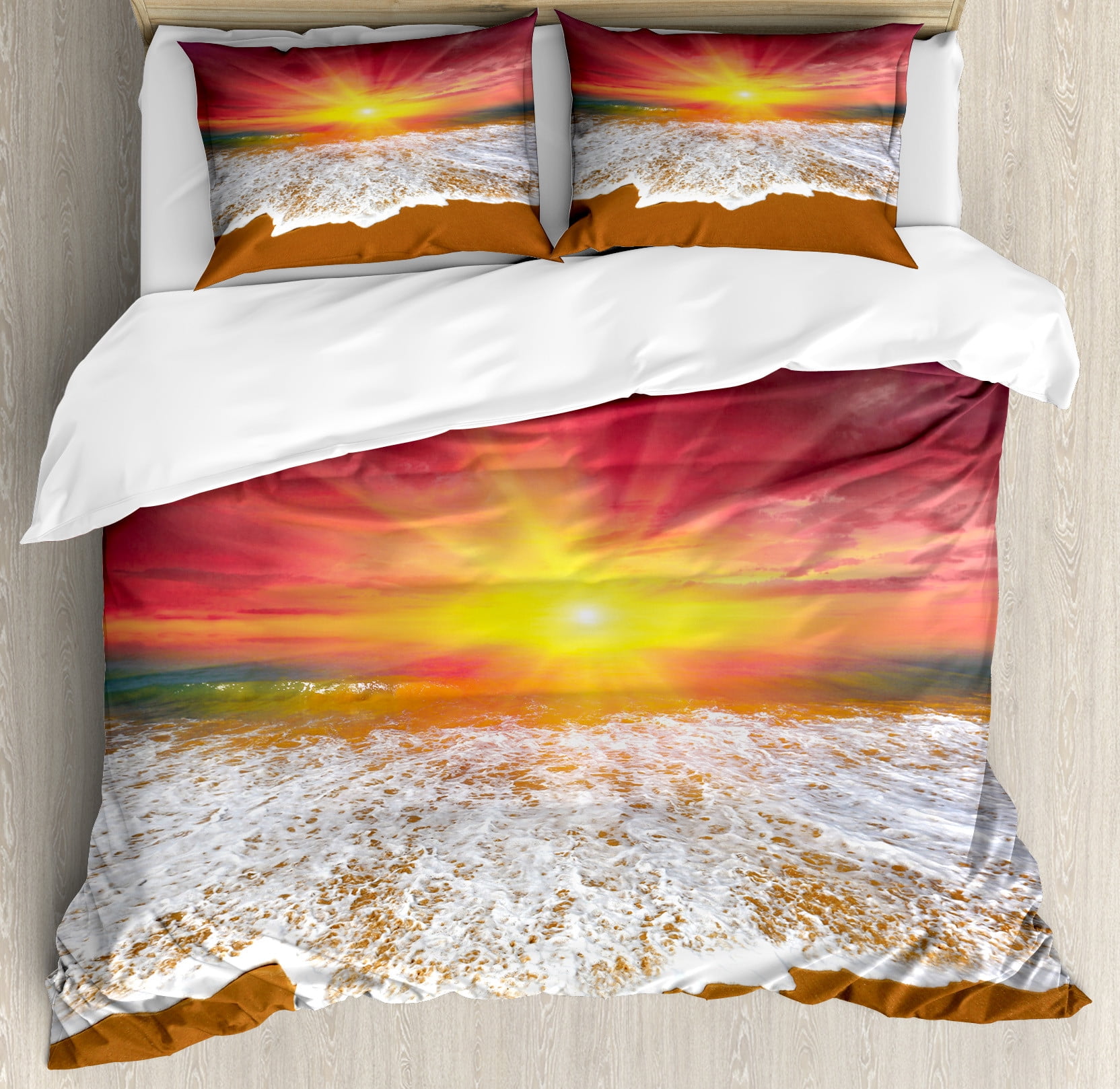 Seascape Duvet Cover Set, Colorful Sky with Rising Sun over Tropical ...