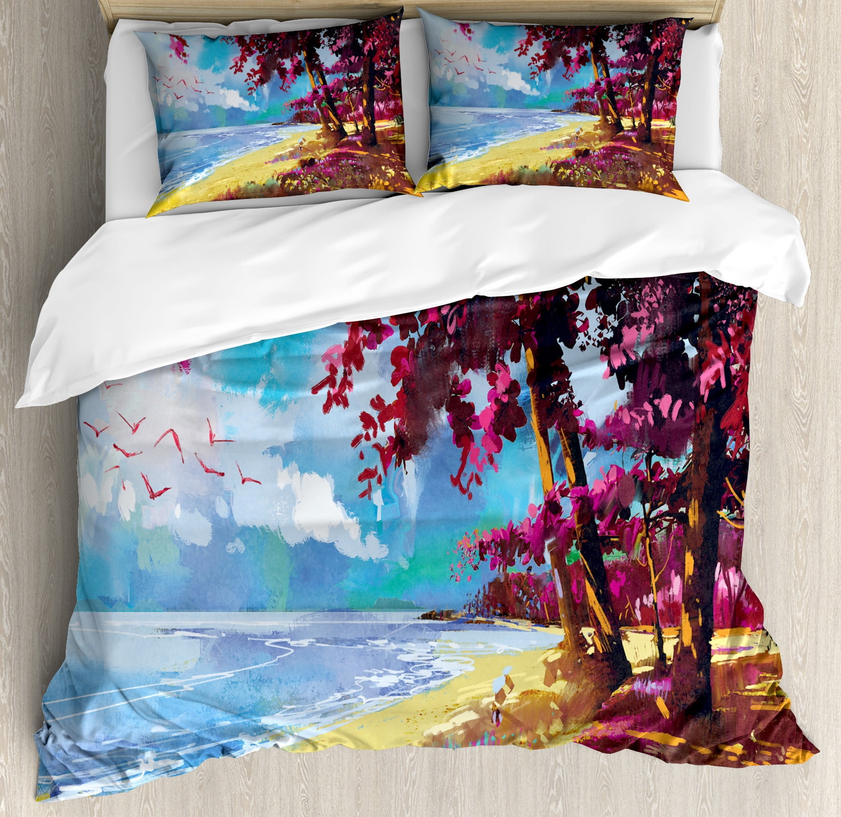 Seascape Duvet Cover Set, Floral Colored Blossom Trees on Tropic Sandy ...