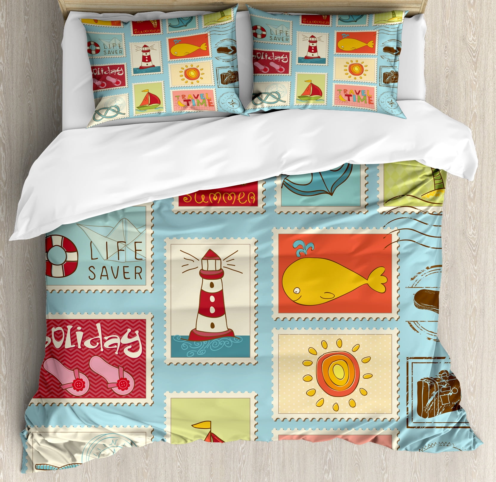 Seascape Duvet Cover Set, Nautical Theme Lighthouse and Anchor Palm ...