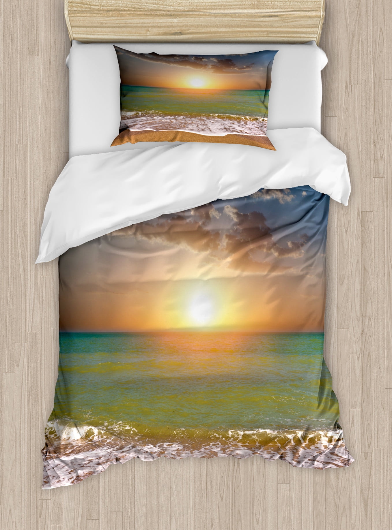 Seascape Duvet Cover Set, Panorama of Sunset over Ocean Horizon and ...