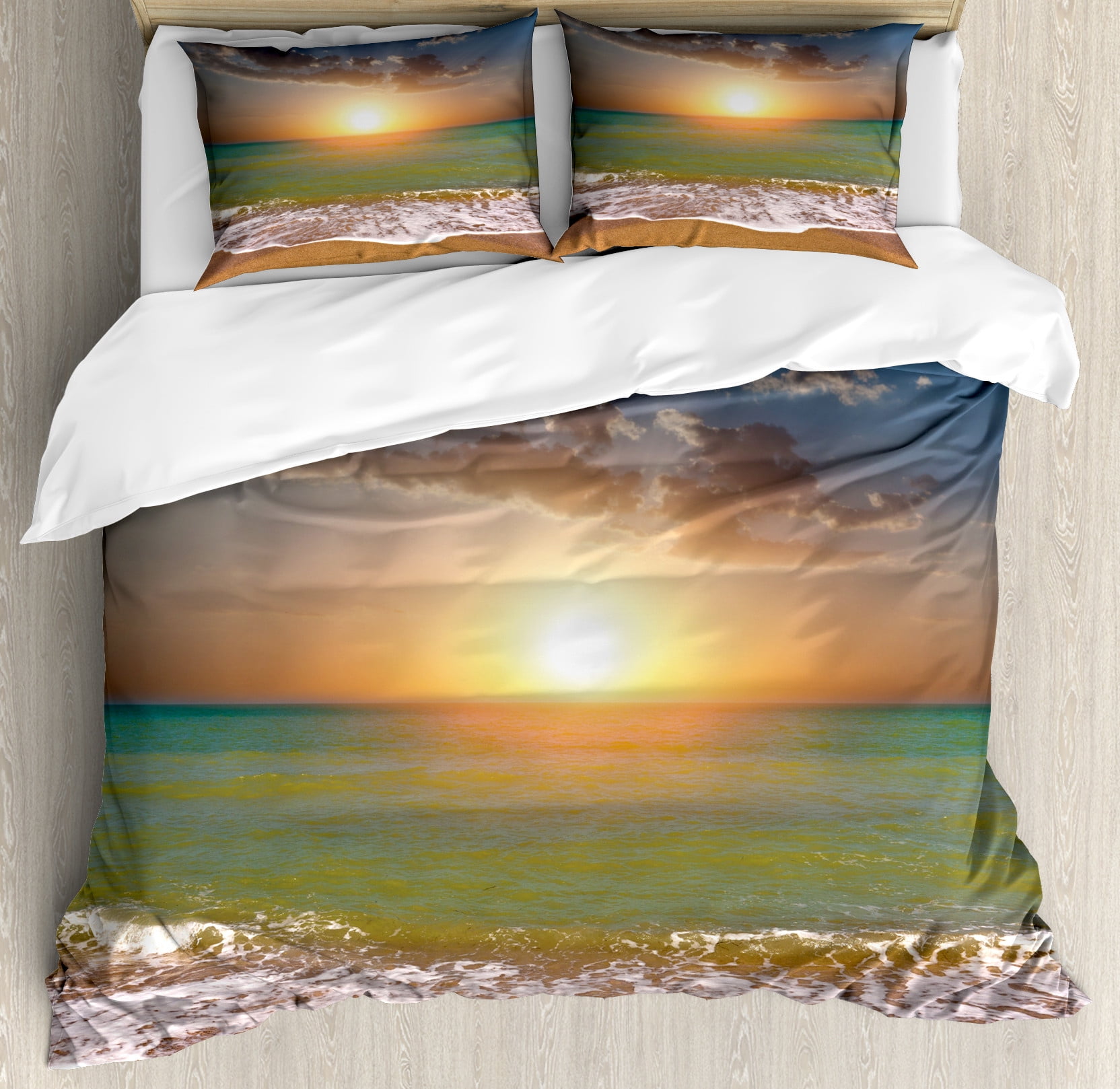 Seascape Duvet Cover Set, Panorama of Sunset over Ocean Horizon and ...