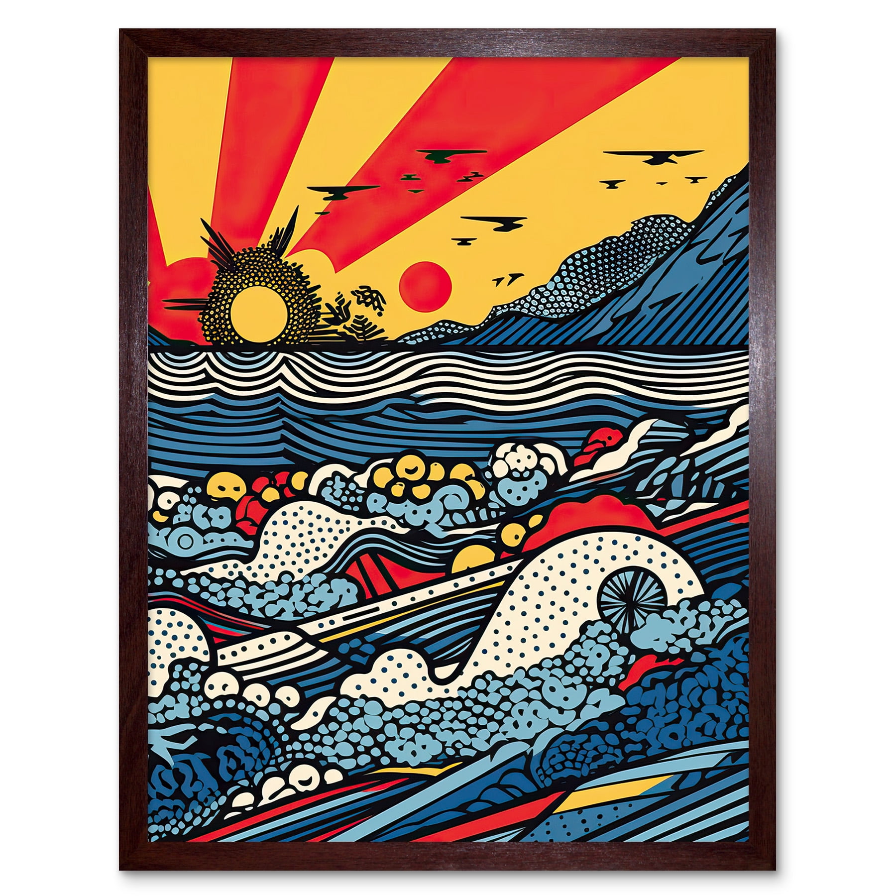 Seascape Sunset Comic Book Style Geometric Pattern Waves Polka Dot ...