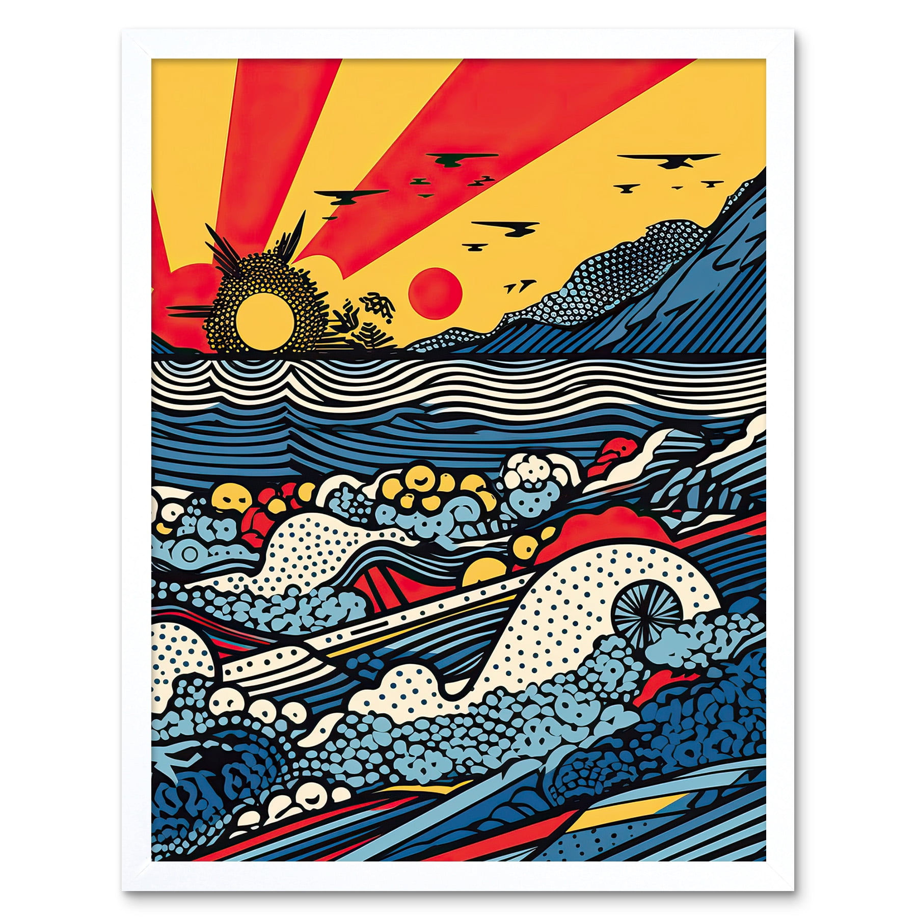 Seascape Sunset Comic Book Style Geometric Pattern Waves Polka Dot ...