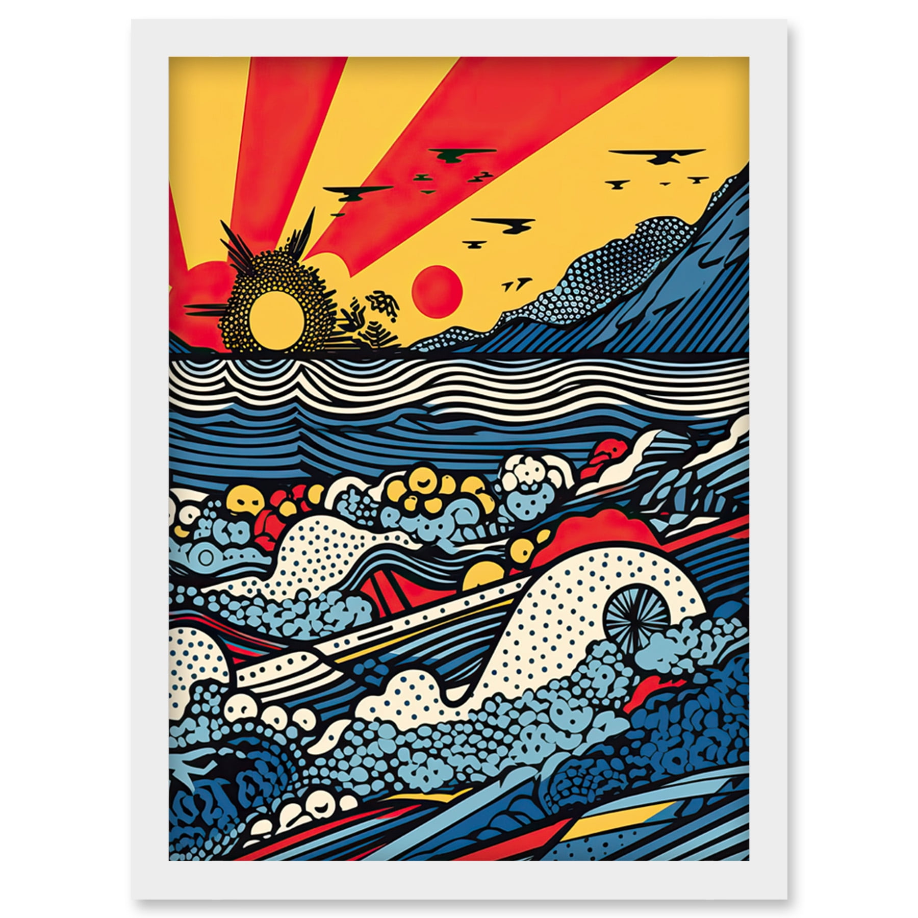 Seascape Sunset Comic Book Style Geometric Pattern Waves Polka Dot ...