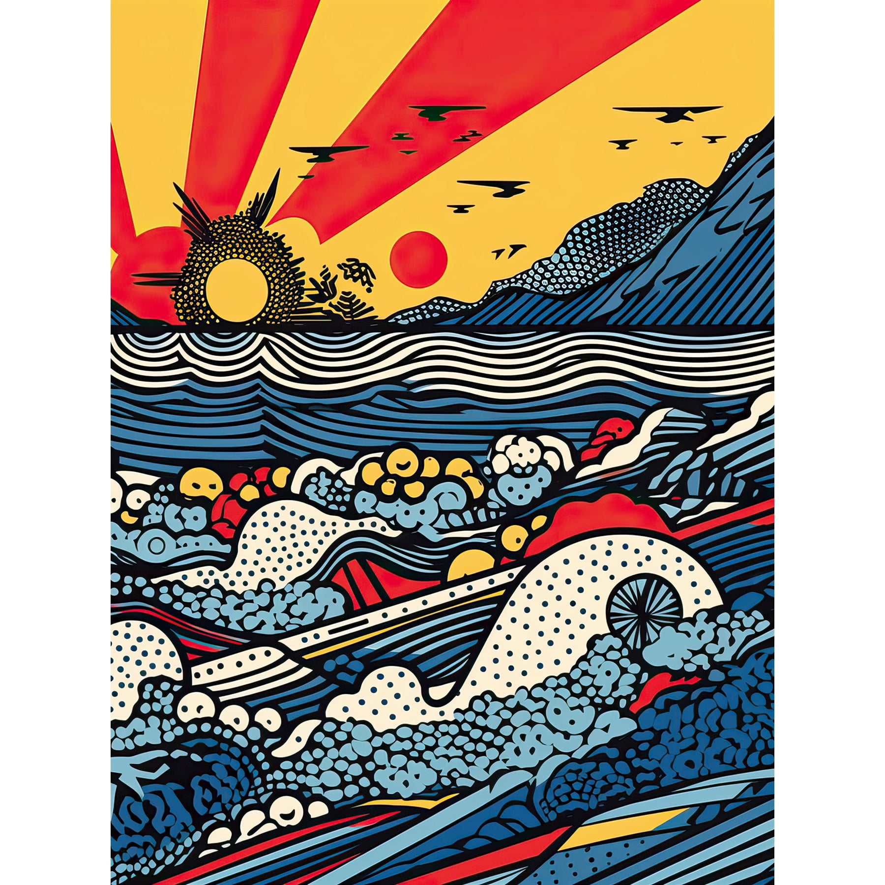 Seascape Sunset Comic Book Style Geometric Pattern Waves Polka Dot ...