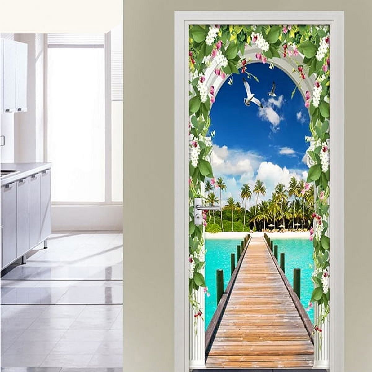 Seascape Wooden Bridge Arch 3D PVC Self-adhesive Door Sticker Photo ...