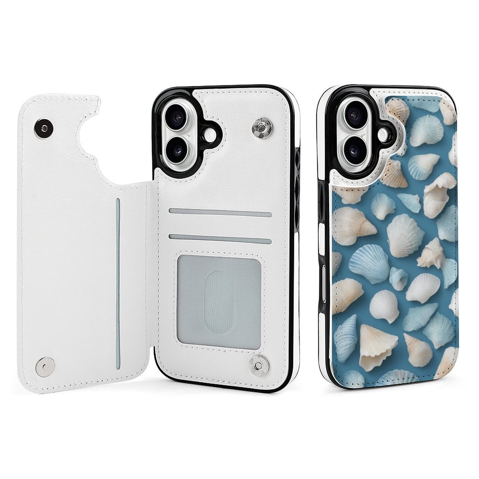 Seashell Blue Leather Wallet Case for iPhone 16 15 14 13 12 11 Pro Max ...