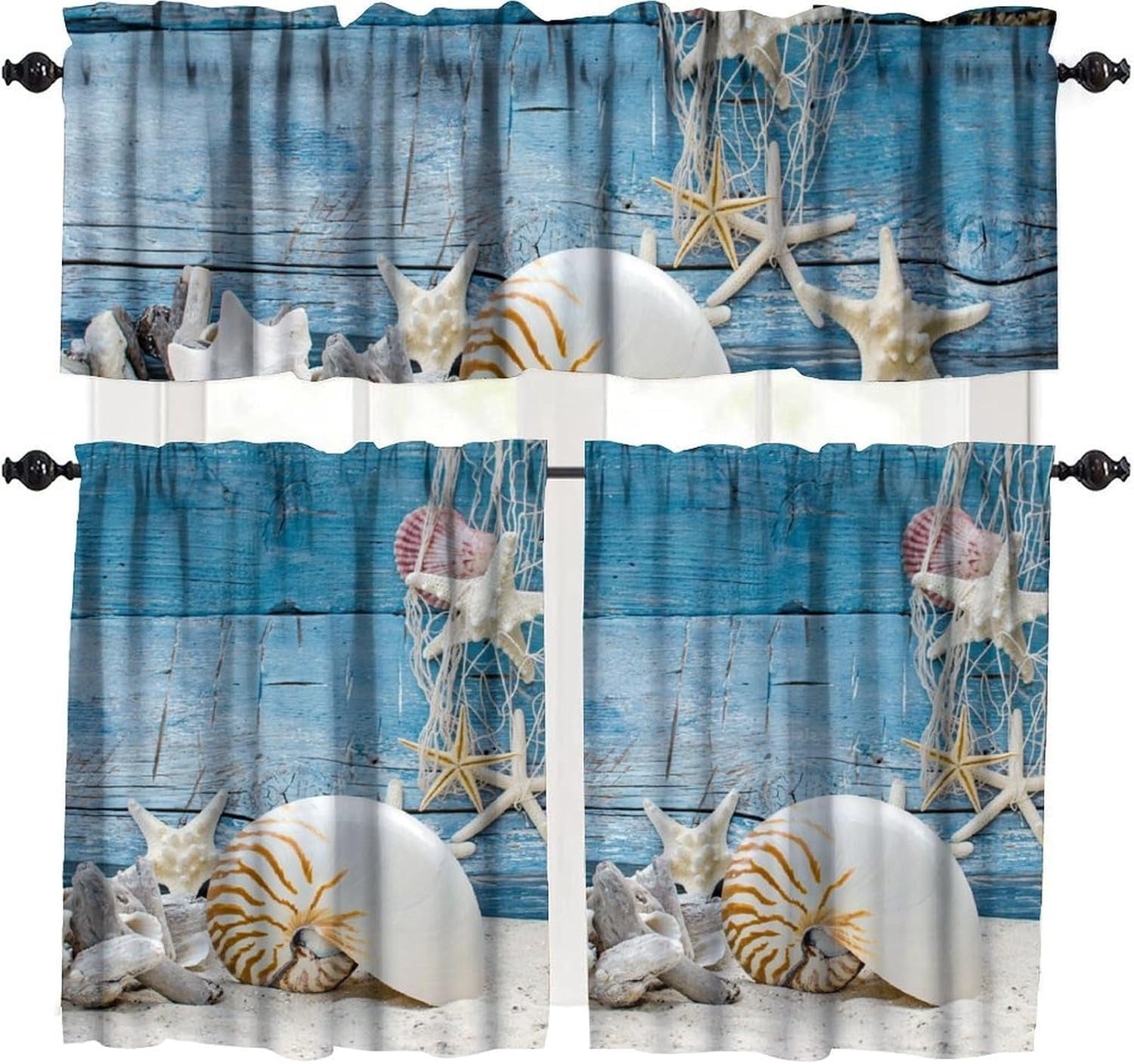 Seashell Blue Sailboat Kitchen Curtains Starfish Valances Set Tier ...