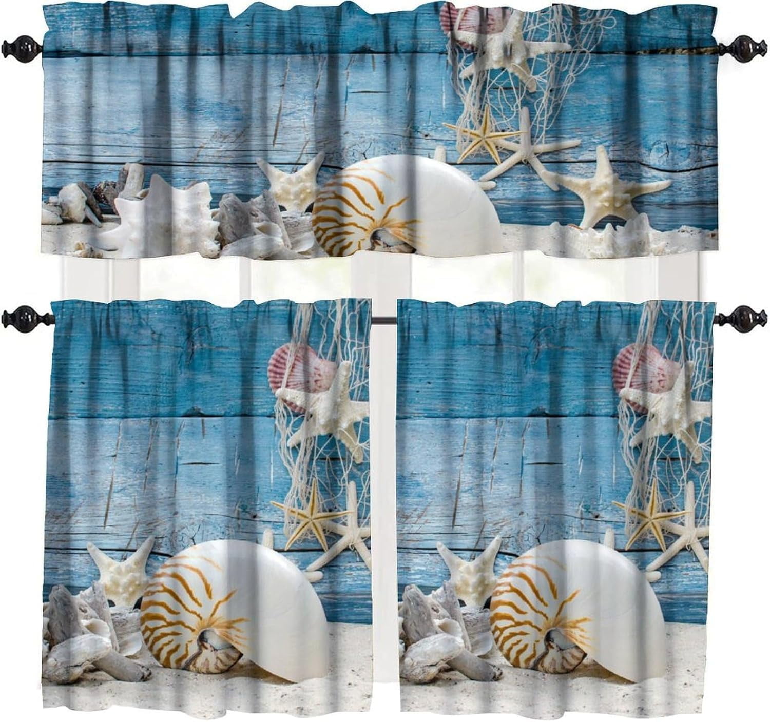 Seashell Blue Sailboat Kitchen Curtains Starfish Valances Set Tier ...