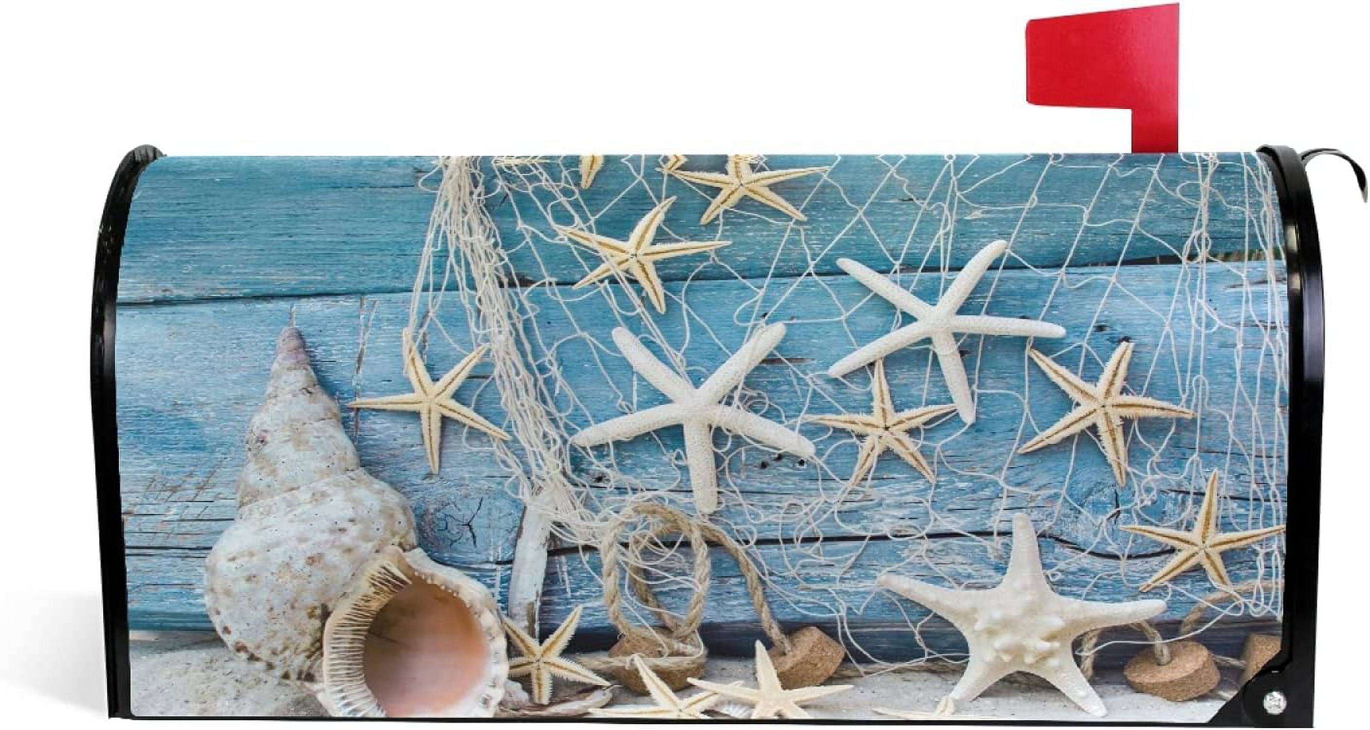 Seashell Blue Wood White Sand Magnetic Mailbox Cover MailWraps Garden ...
