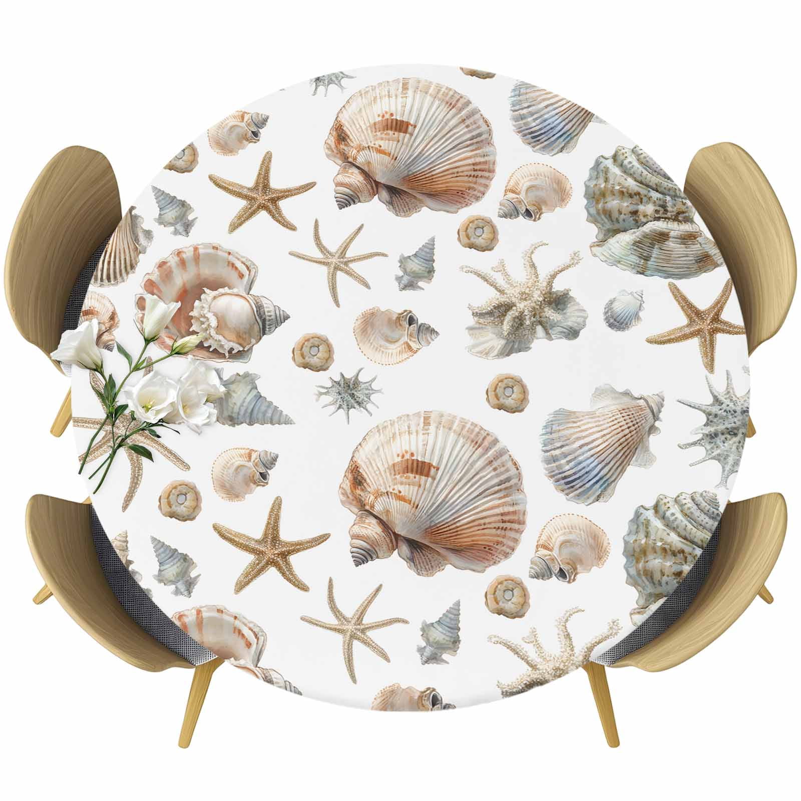 Seashell Coastal Round Tablecloth 45-54 Inch Round Fitted Table Cloth ...