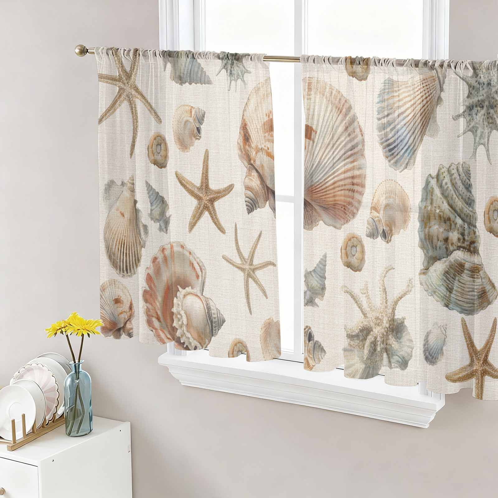 Seashell Coastal Semi Sheer Curtains 54 Inch Length 2 Panels Set ...