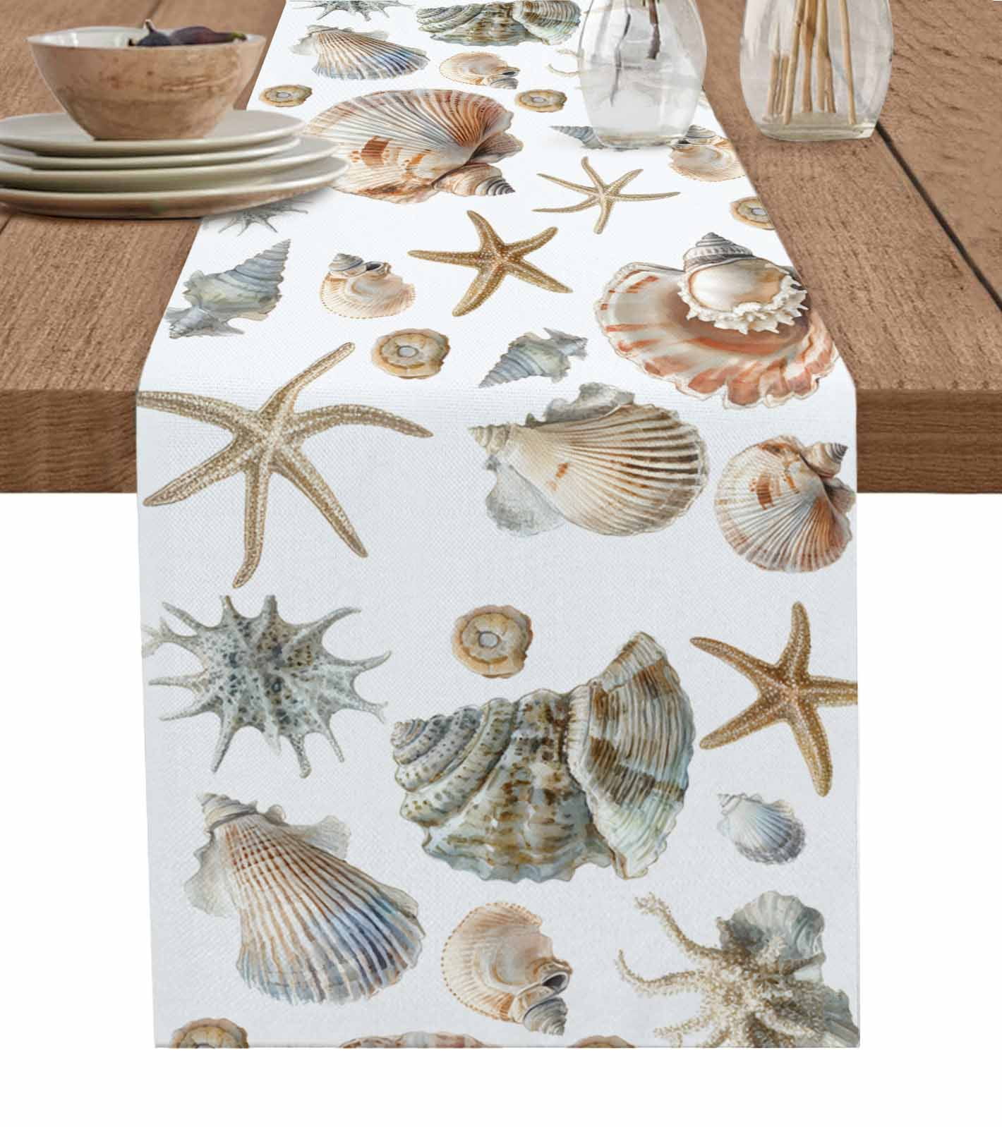 Seashell Coastal Table Runner 120 Inches, Summer Beach Ocean Starfish ...