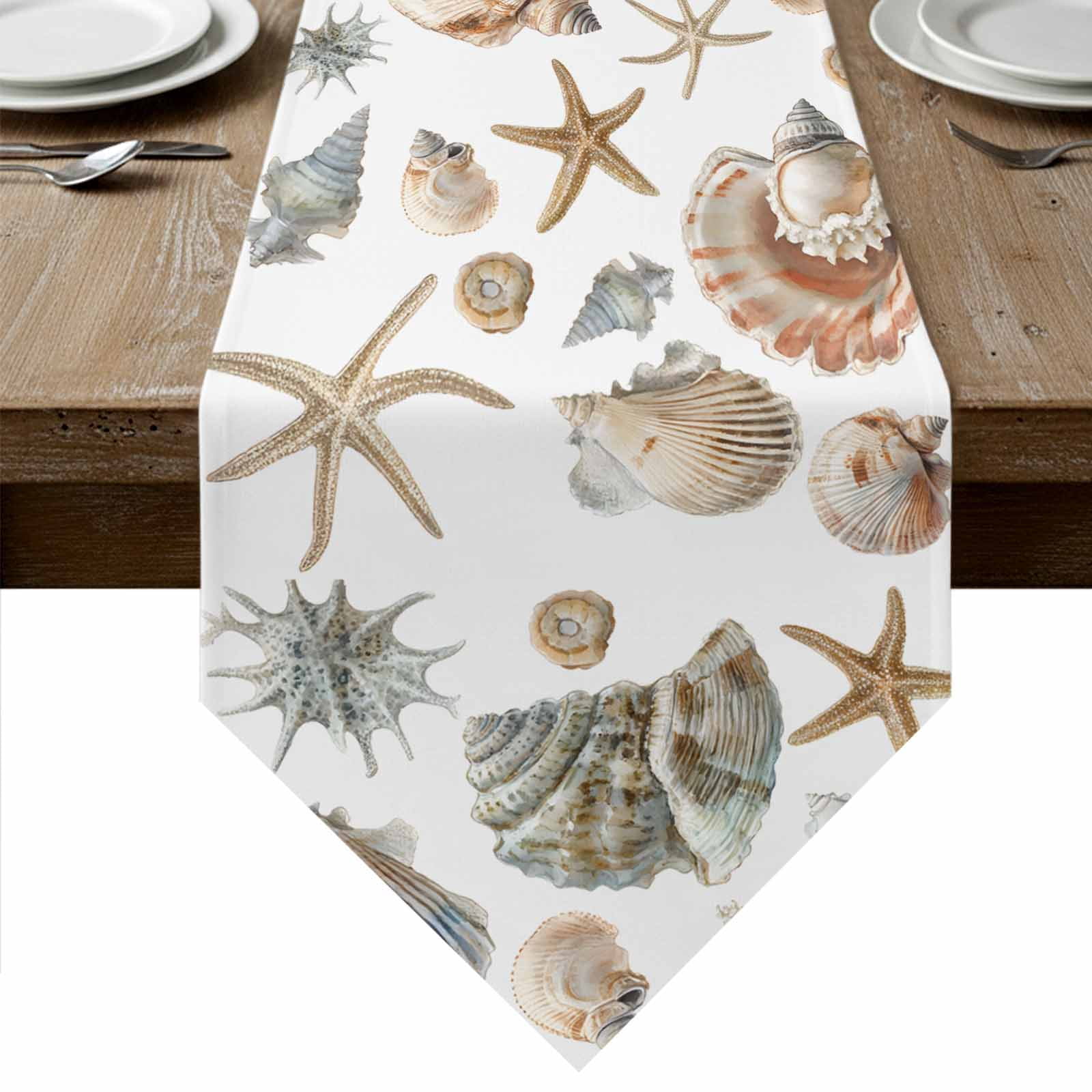 Seashell Coastal Table Runner Linen Burlap Table Runner 72 Inches Long ...