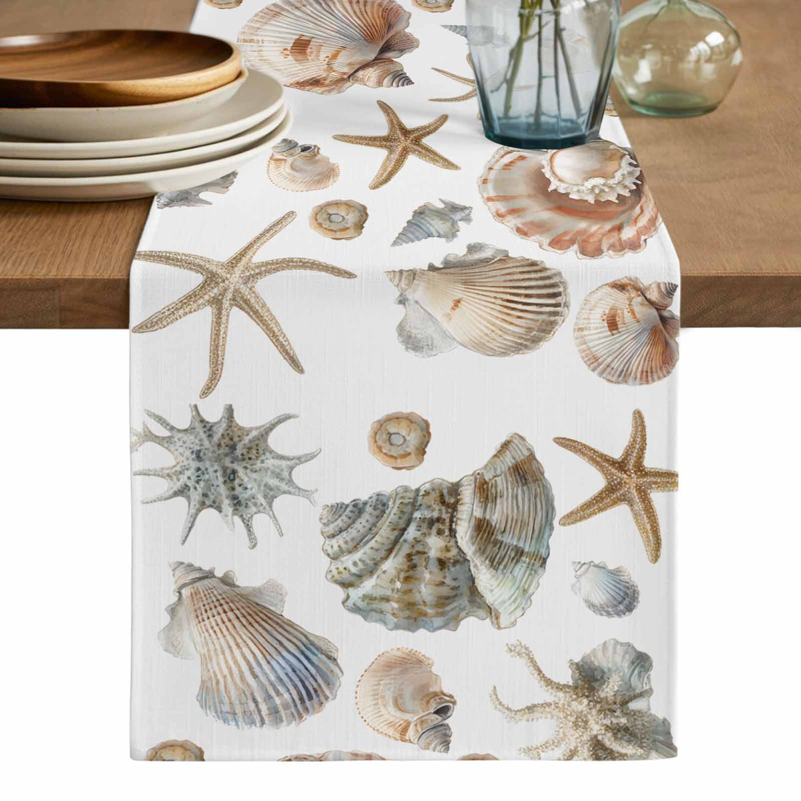 Seashell Coastal Table Runner, Summer Beach Ocean Starfish Watercolor ...