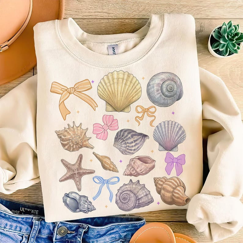 Seashell Coquette Sweatshirt, Beach Girl Retro Shirt, Coastal Summer ...