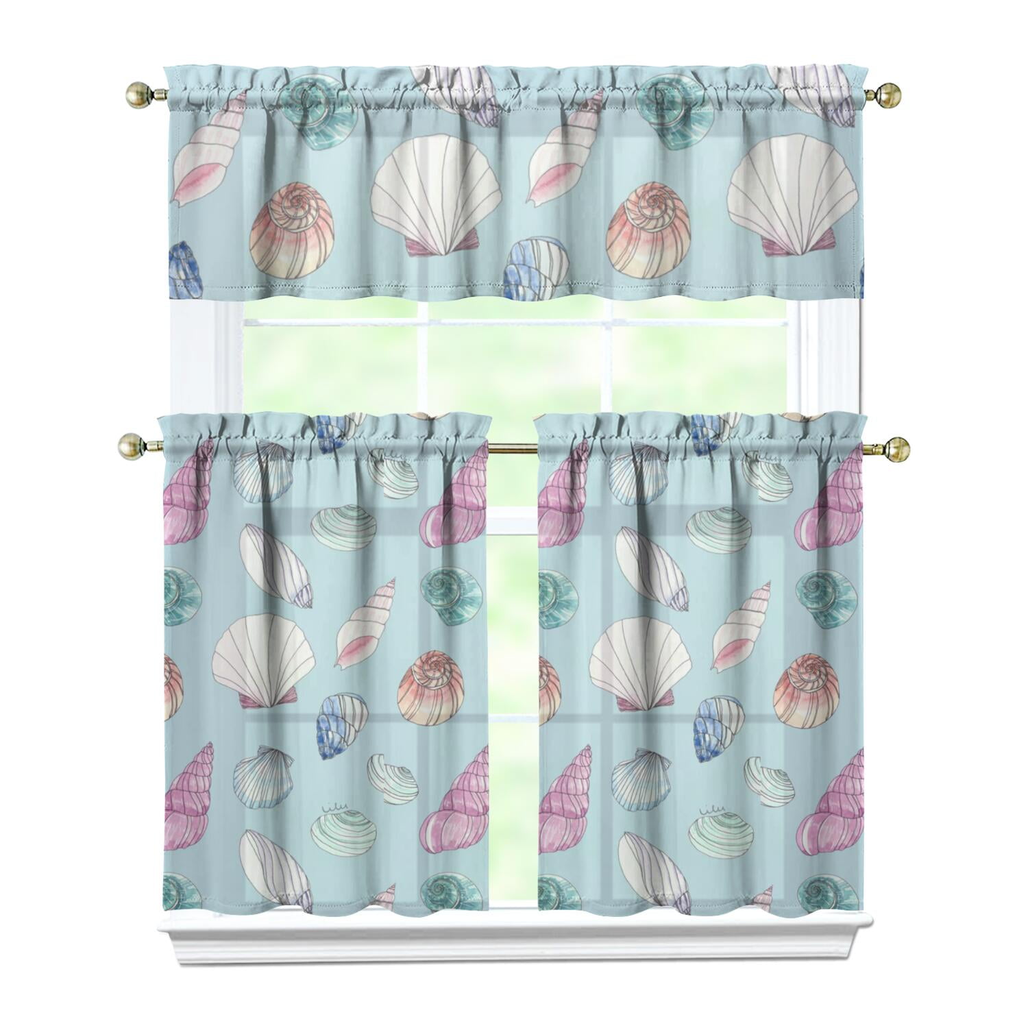 Seashell & Coral Kitchen Curtains 3 PC Set, Nautical Rod Pocket Tier ...