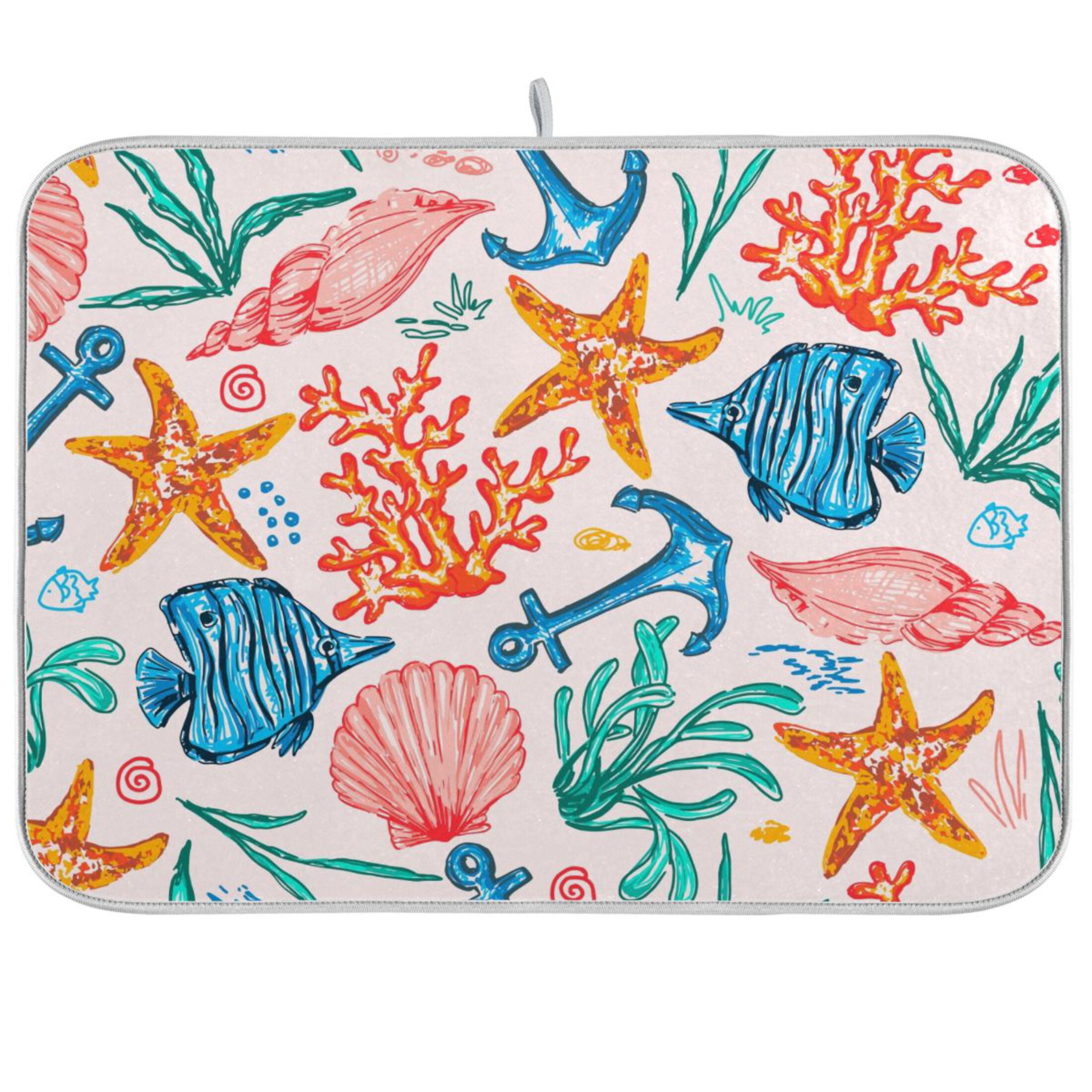 Seashell Corals and Starfish Dish Drying Mat Microfiber Kitchen Mats ...