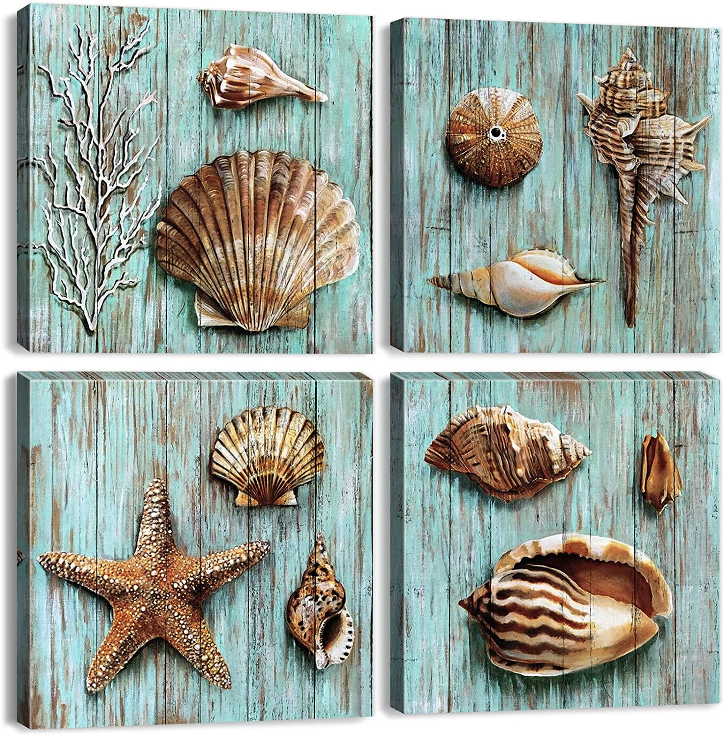Seashell Decor for Bathroom Beach Wall Art Ocean Decor Rustic Teal Blue ...