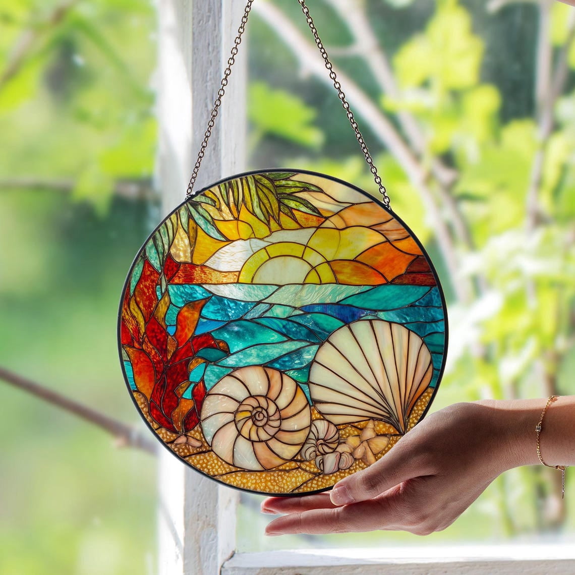 Seashell Glass Suncatcher v2, Coastal Beach House Decor, Nautical Ocean ...