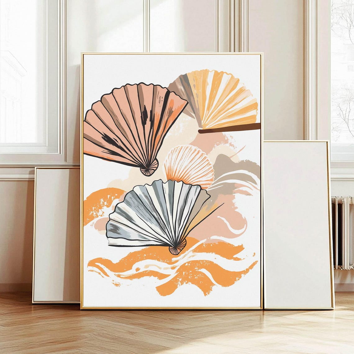 Seashell Japanese Fan Art, Beige Colour Wall Decor, Coastal Marine ...