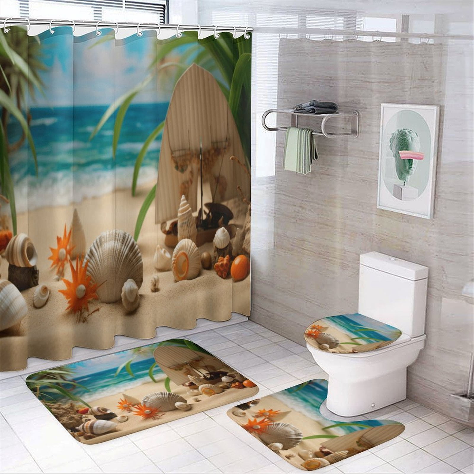Seashell On The Beach Bathroom Sets with Shower Curtain And Rugs, Incl ...