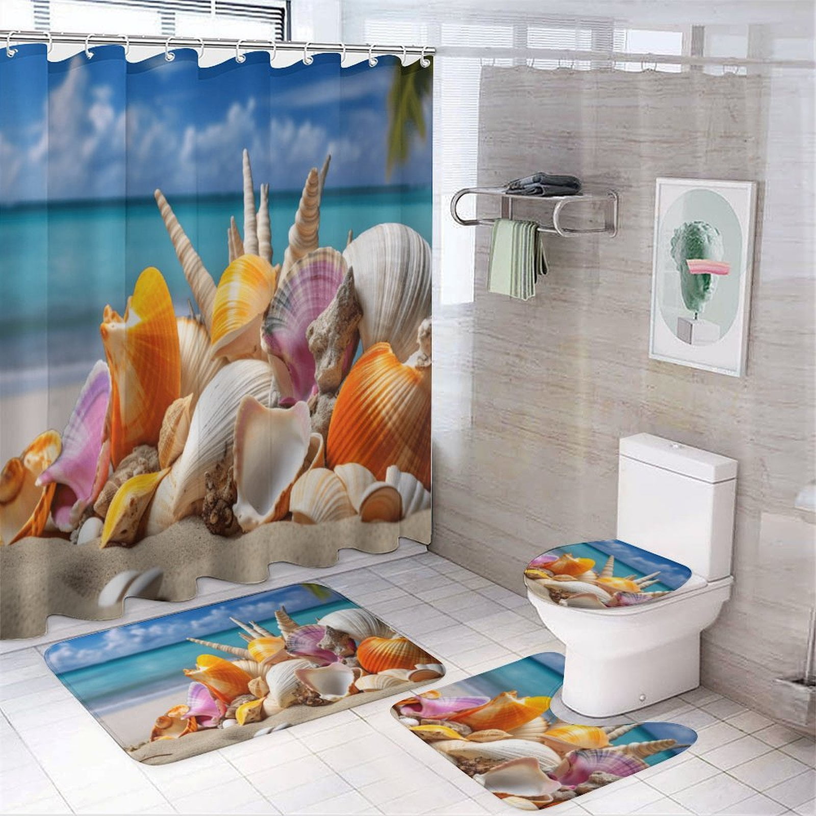 Seashell On The Beach Bathroom Sets with Shower Curtain And Rugs, Incl ...