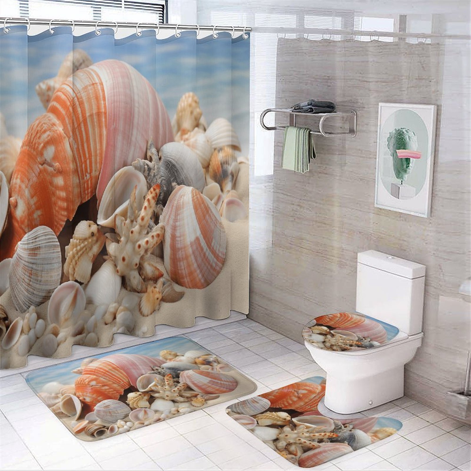 Seashell On The Beach Bathroom Sets with Shower Curtain And Rugs, Incl ...