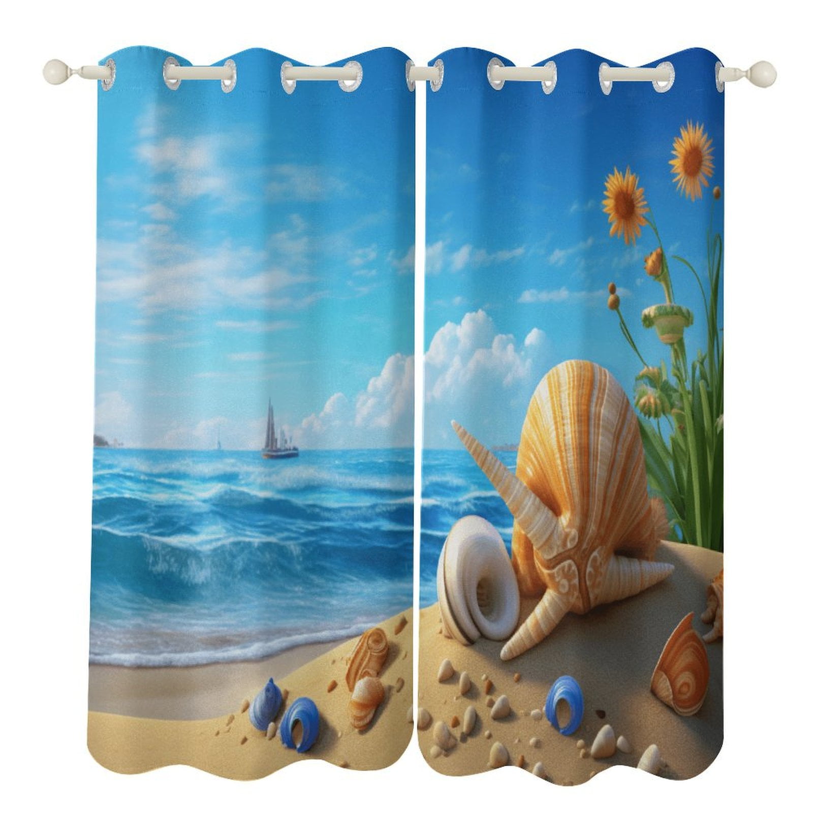 Seashell On The Beach Window Curtain Panels Grommet Blackout Curtains ...