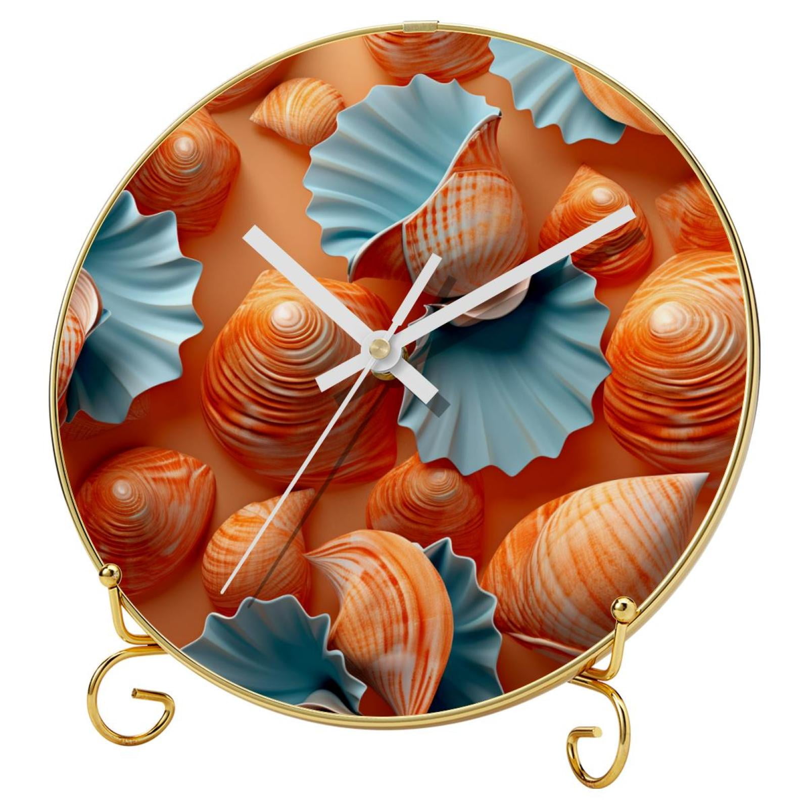 Seashell Round Printed Wall Clock with Hooks and Gold Stand - Silent ...