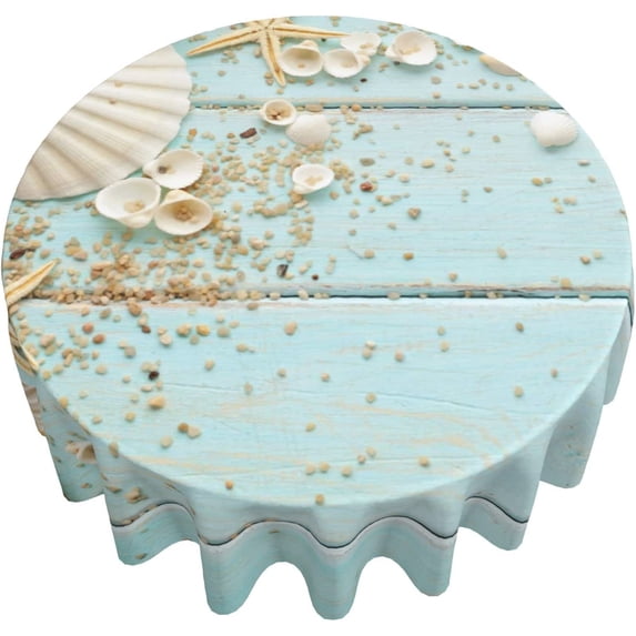 Seashell Round Tablecloth, Summer Ocean Starfish on Blue Wooden Board ...
